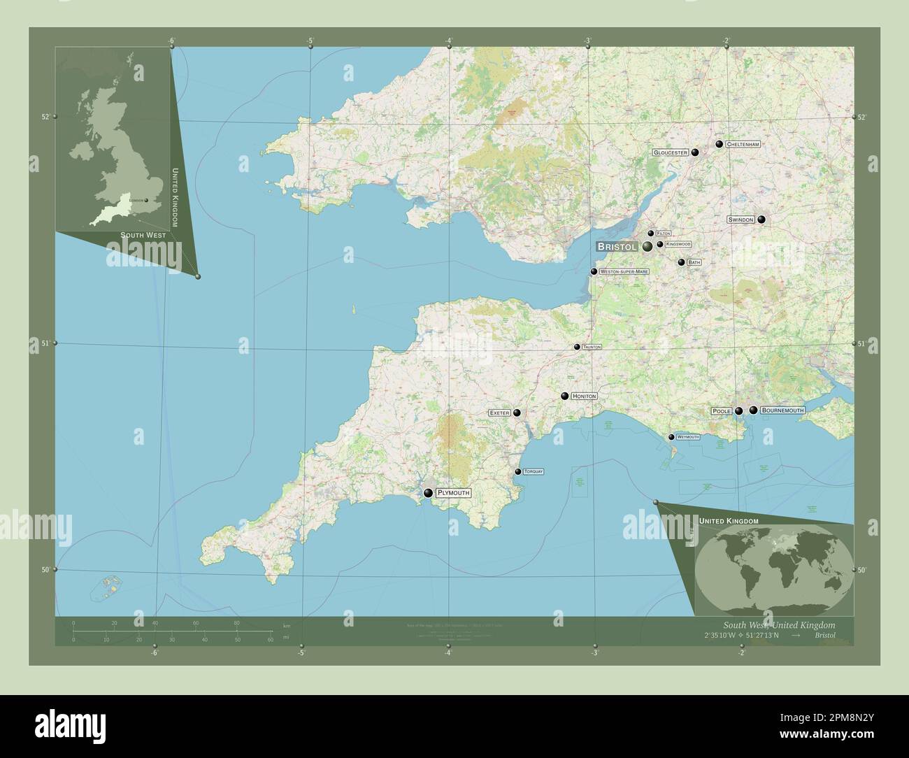 South West, region of United Kingdom. Open Street Map. Locations and ...