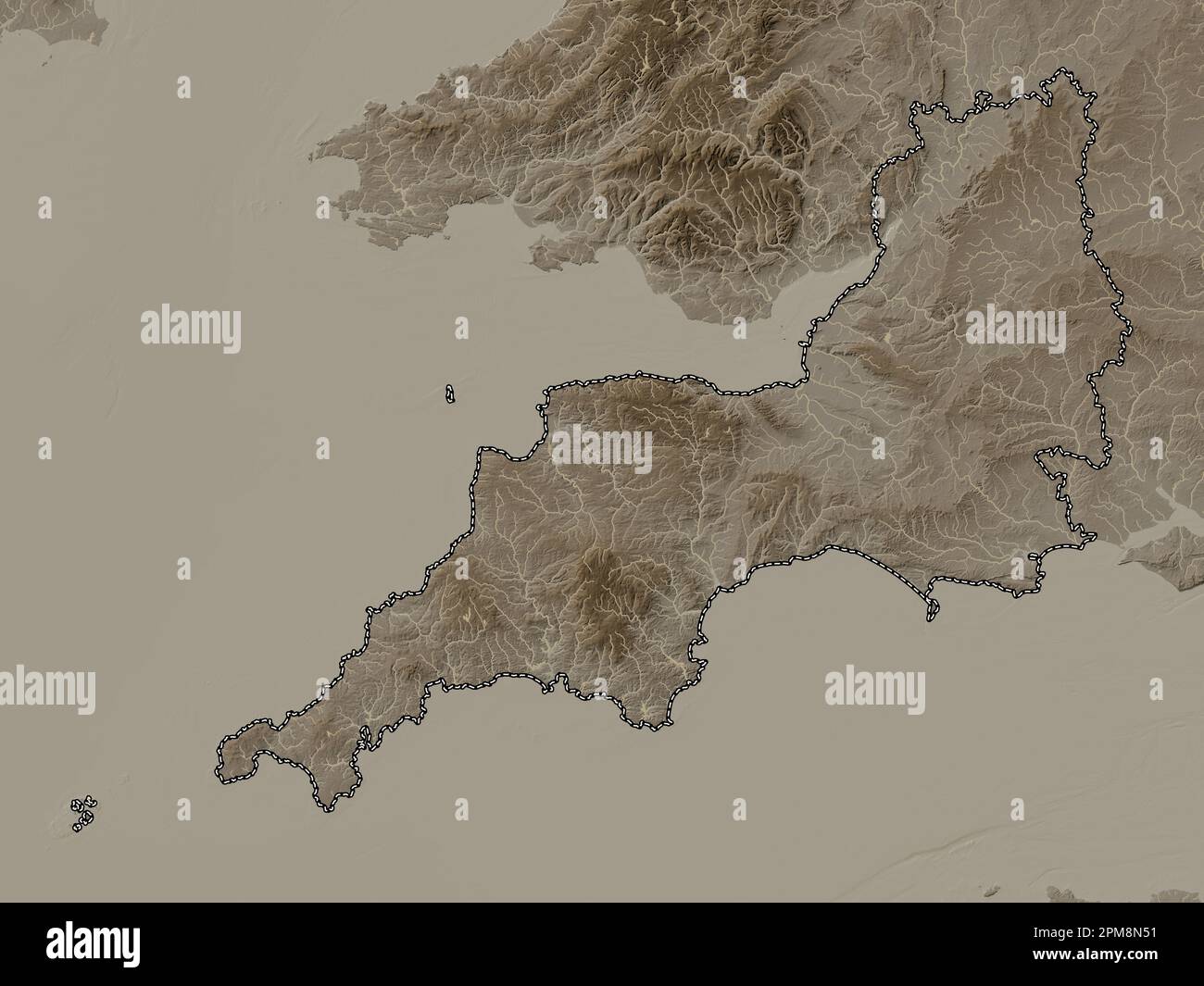 South West, region of United Kingdom. Elevation map colored in sepia ...