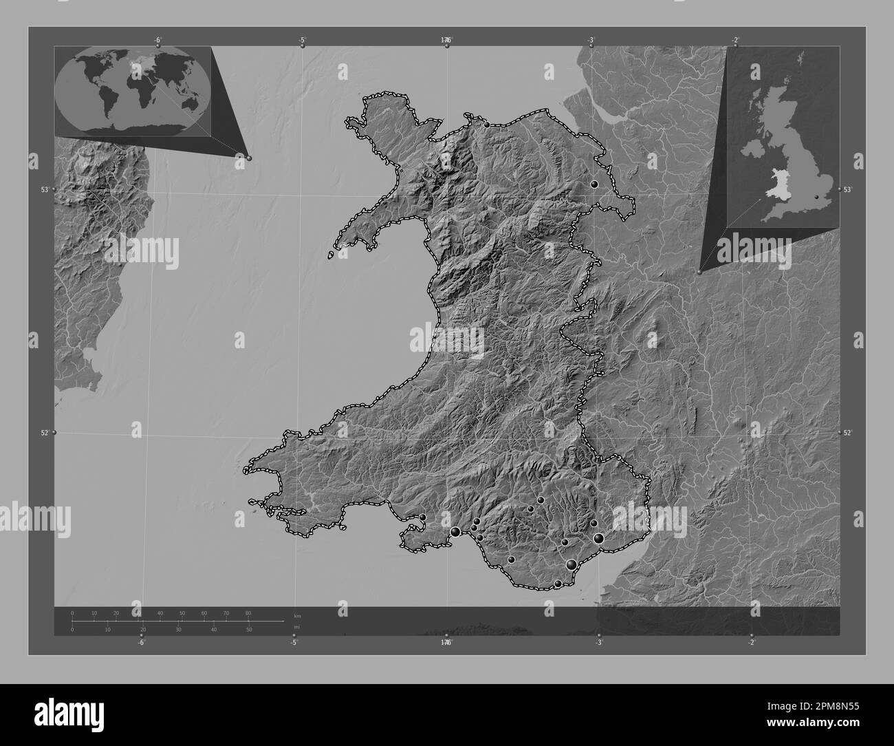 Wales, region of United Kingdom. Bilevel elevation map with lakes and rivers. Locations of major ...