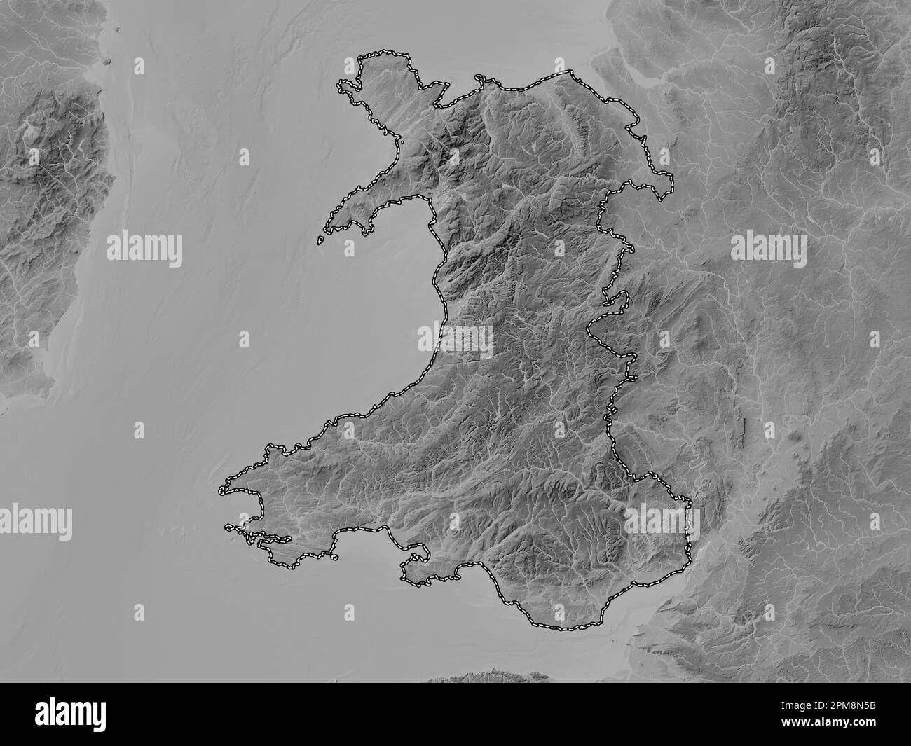 Wales, region of United Kingdom. Grayscale elevation map with lakes and ...