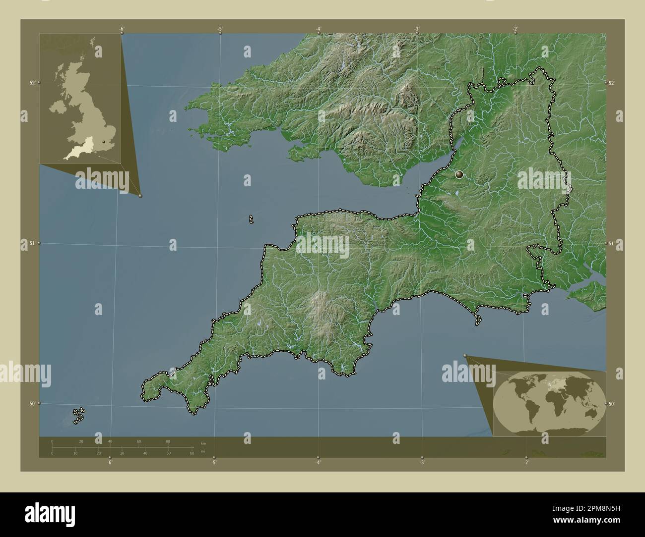 South West, region of United Kingdom. Elevation map colored in wiki ...