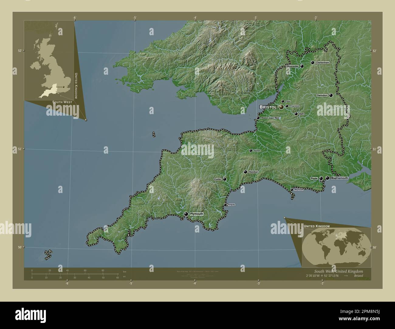 South West, region of United Kingdom. Elevation map colored in wiki ...