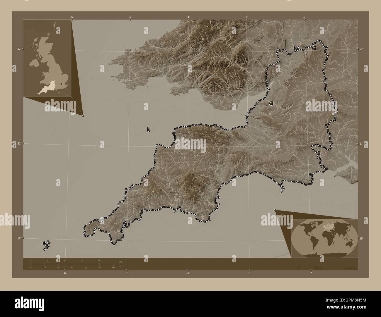 South West, region of United Kingdom. Elevation map colored in sepia ...