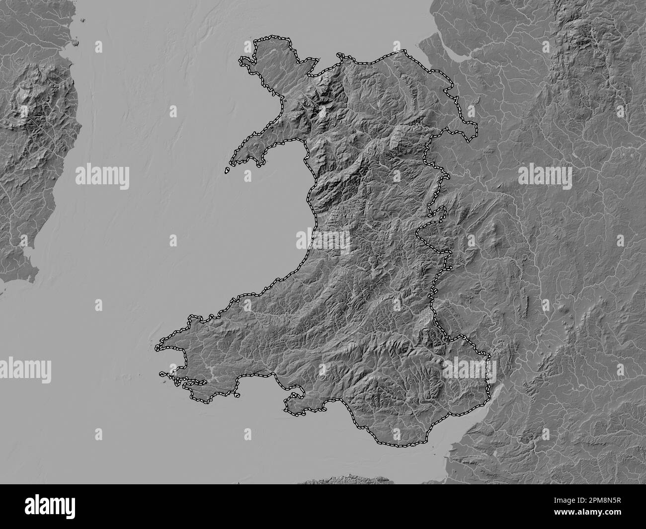 Wales, region of United Kingdom. Bilevel elevation map with lakes and ...