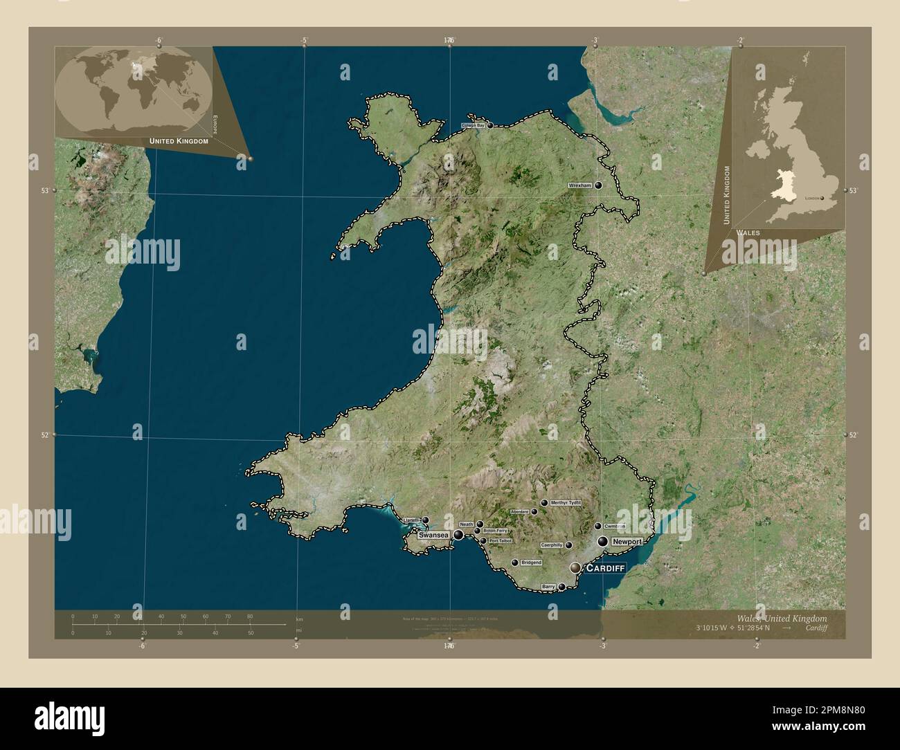 Wales, region of United Kingdom. High resolution satellite map ...