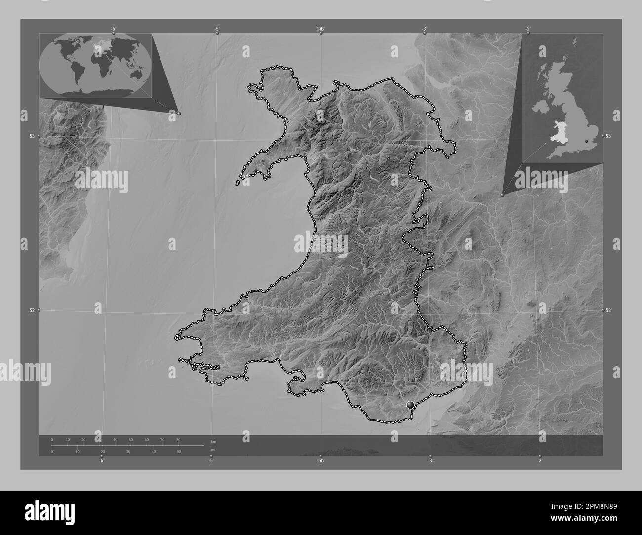 Wales, region of United Kingdom. Grayscale elevation map with lakes and ...