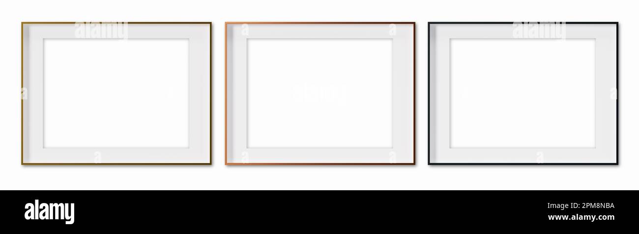Set of horizontal picture frames, isolated on white background. Golden, copper and black frames ...
