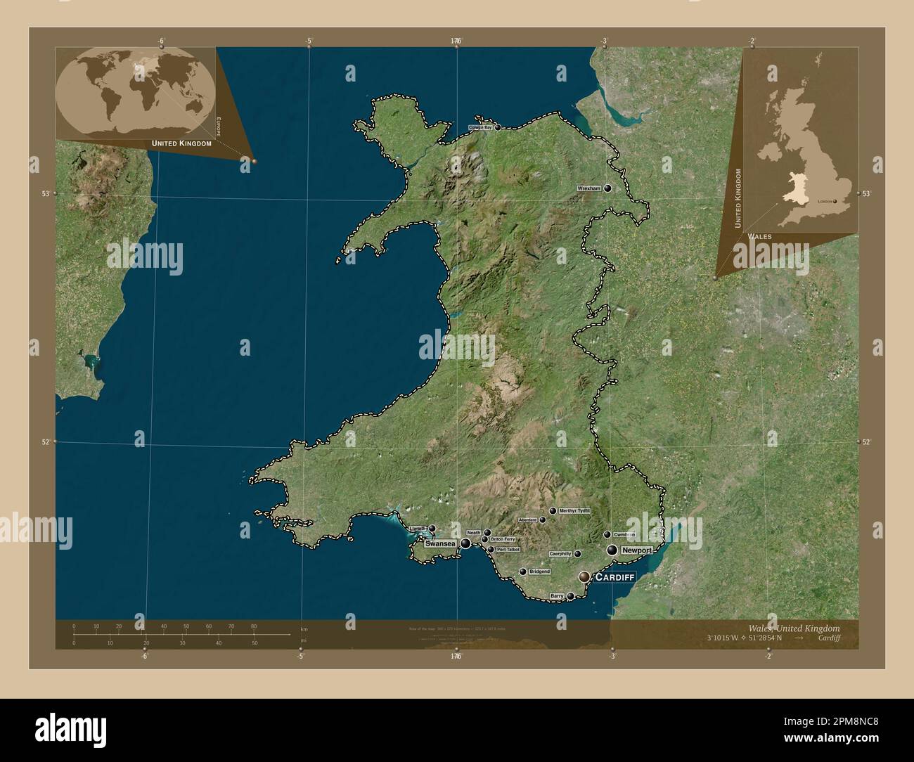 Wales, region of United Kingdom. Low resolution satellite map ...