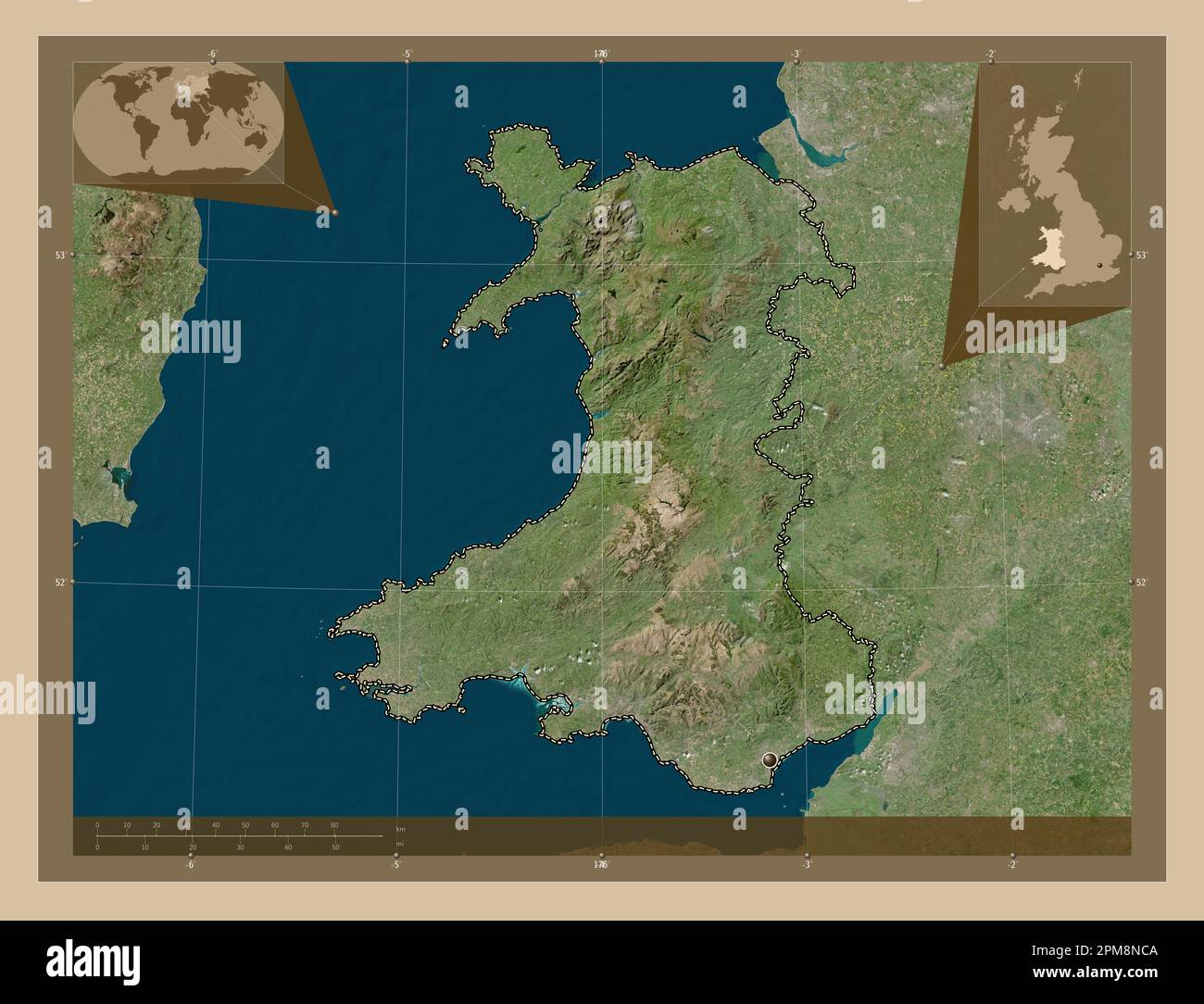 Wales, region of United Kingdom. Low resolution satellite map. Corner ...
