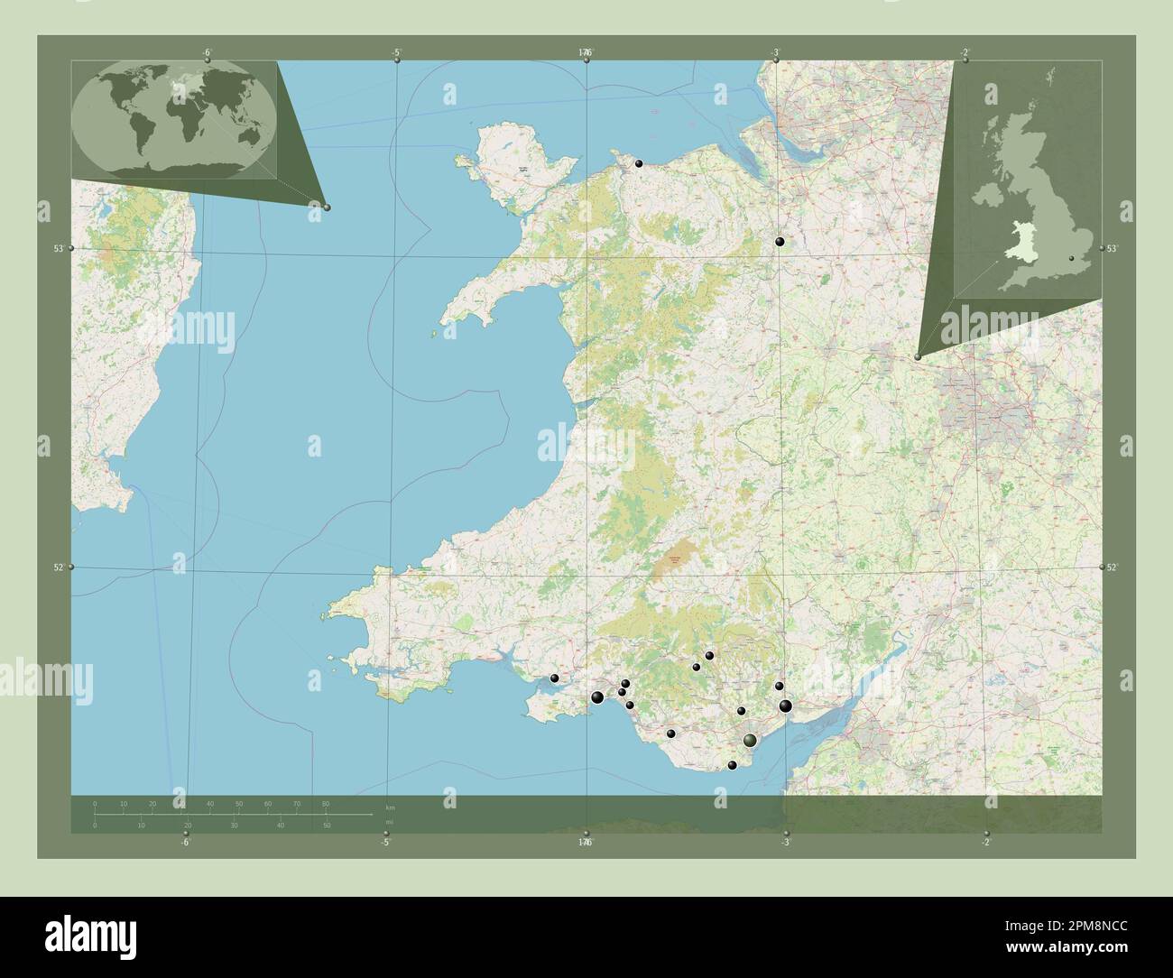 Wales, region of United Kingdom. Open Street Map. Locations of major cities of the region ...