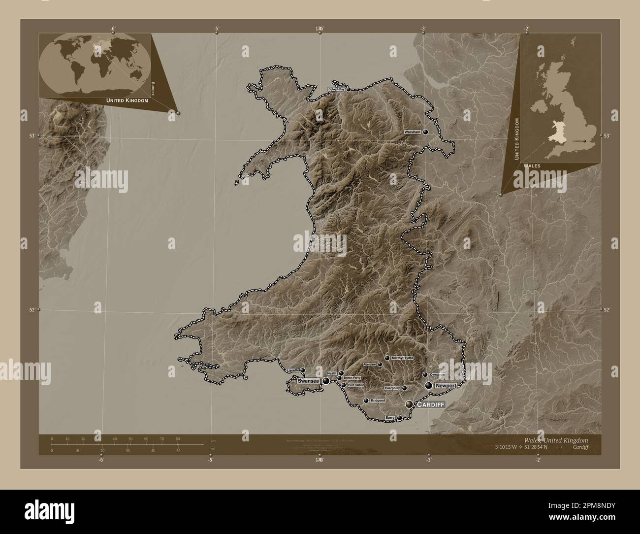 Wales, region of United Kingdom. Elevation map colored in sepia tones ...