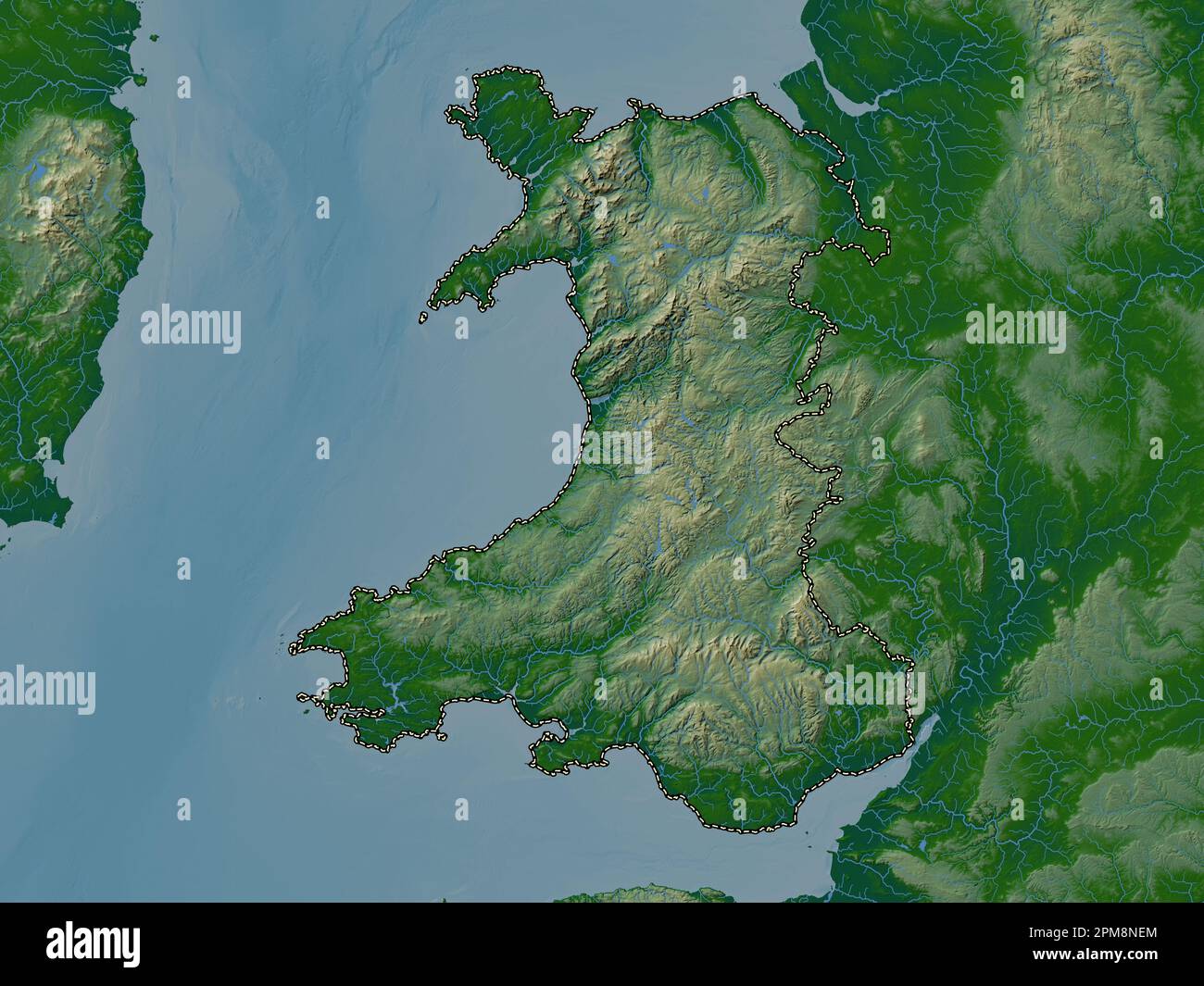 Wales, region of United Kingdom. Colored elevation map with lakes and ...