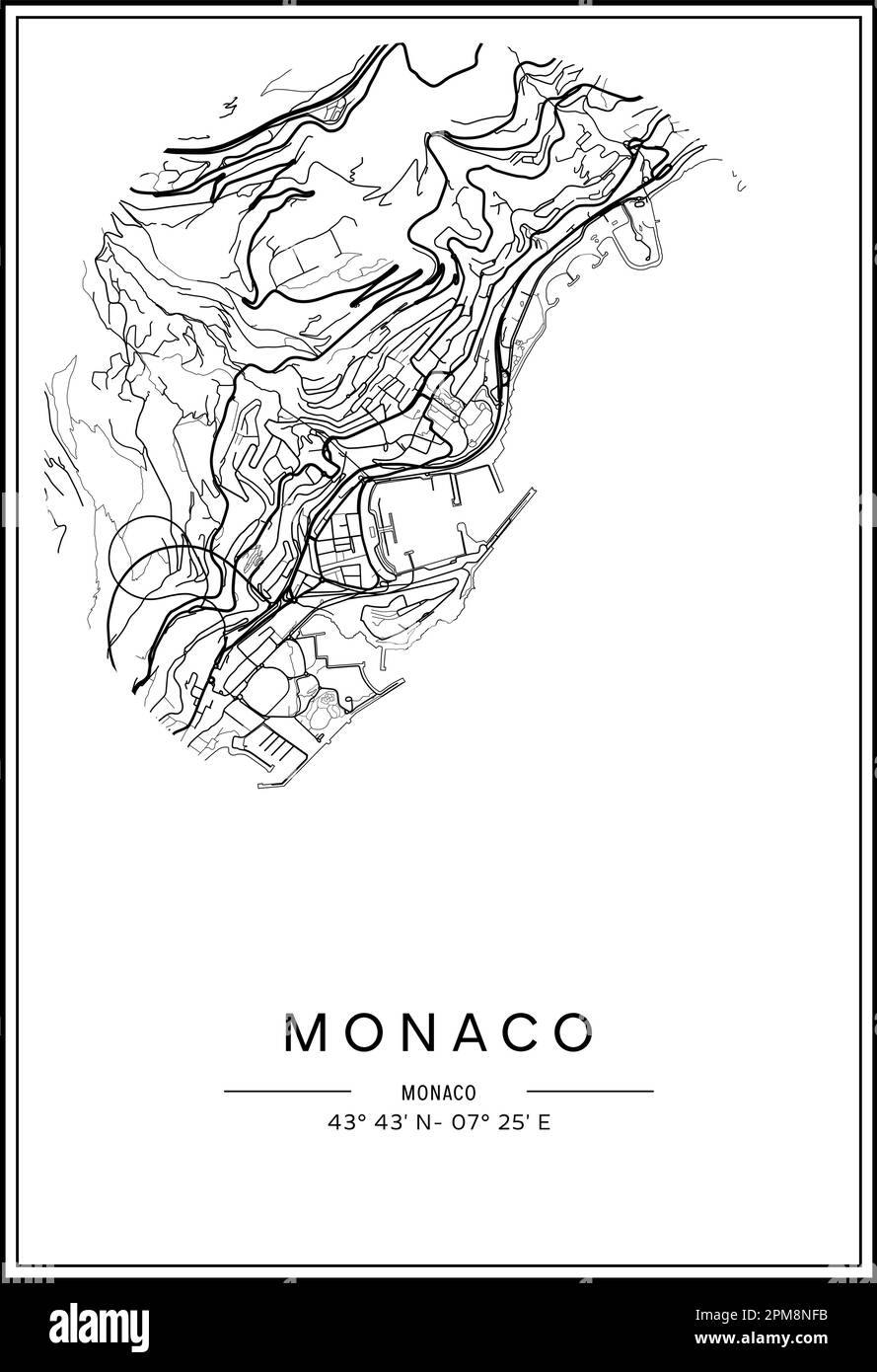 Black and white printable Monaco city map, poster design, vector ...