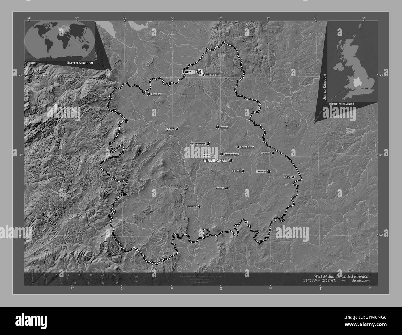 West Midlands, region of United Kingdom. Bilevel elevation map with ...