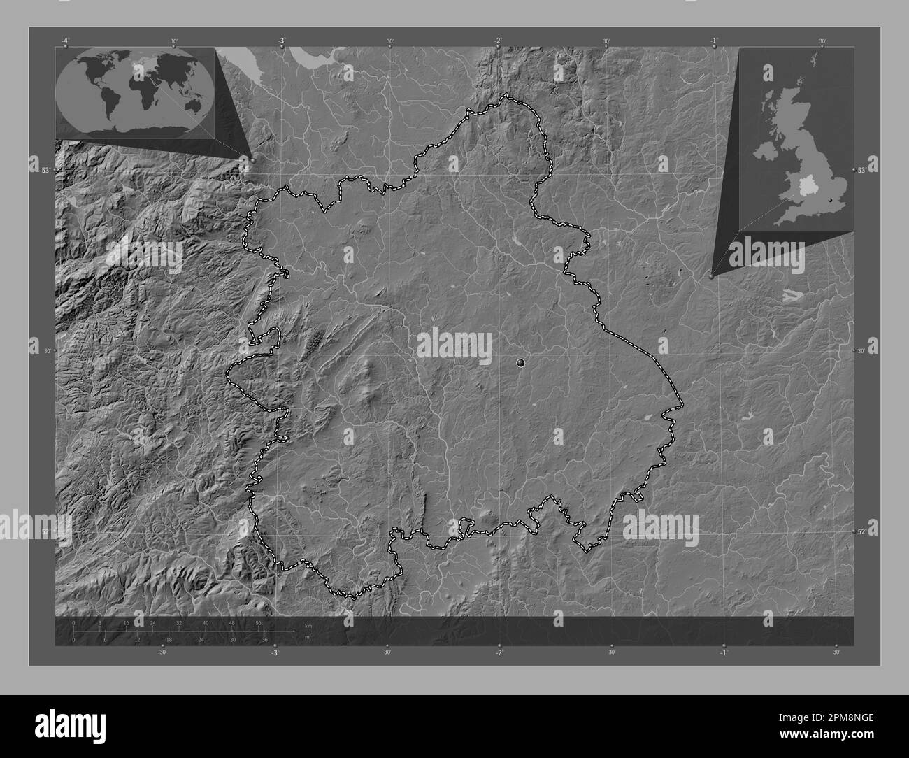 West Midlands, region of United Kingdom. Bilevel elevation map with ...
