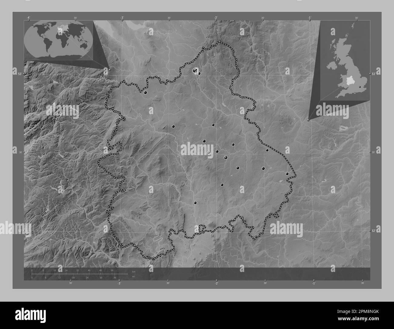 West Midlands, region of United Kingdom. Grayscale elevation map with ...
