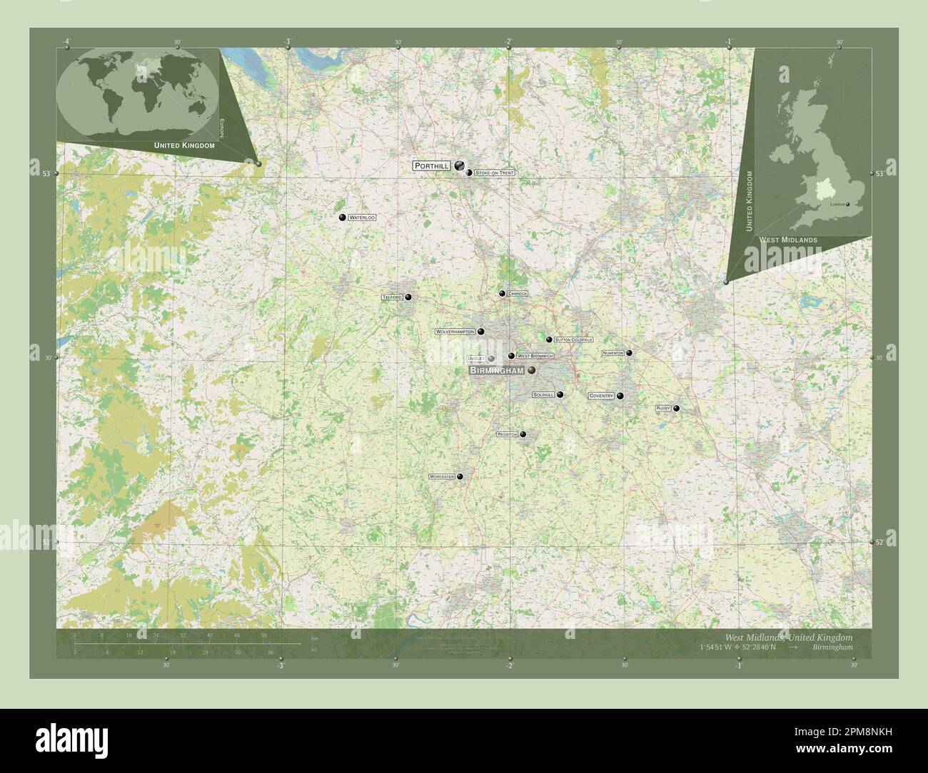 West Midlands, region of United Kingdom. Open Street Map. Locations and ...
