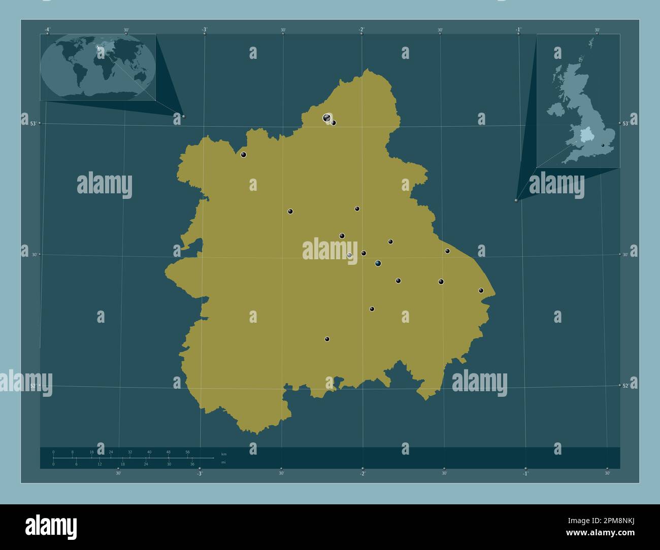 West Midlands, region of United Kingdom. Solid color shape. Locations ...