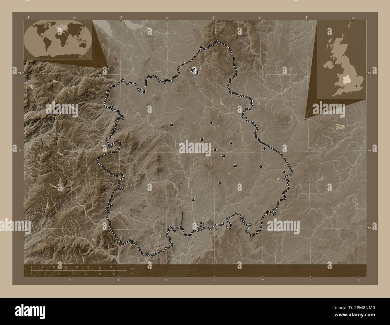 West Midlands, region of United Kingdom. Elevation map colored in sepia ...