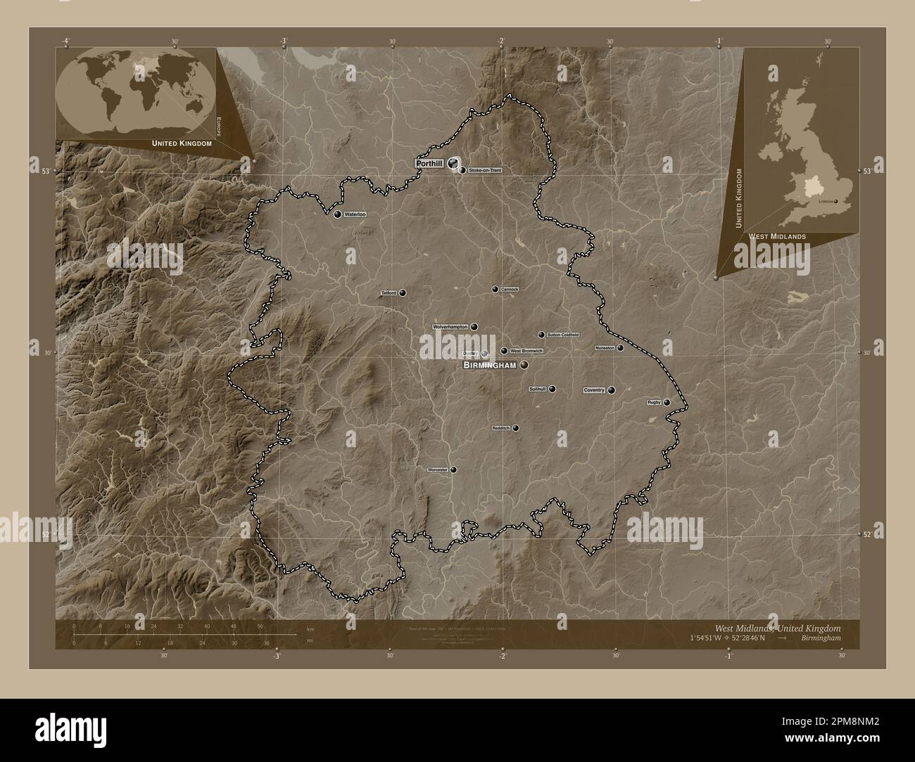 West Midlands, region of United Kingdom. Elevation map colored in sepia ...