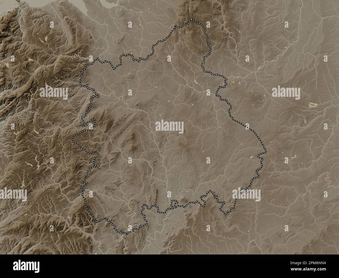 West Midlands, region of United Kingdom. Elevation map colored in sepia ...