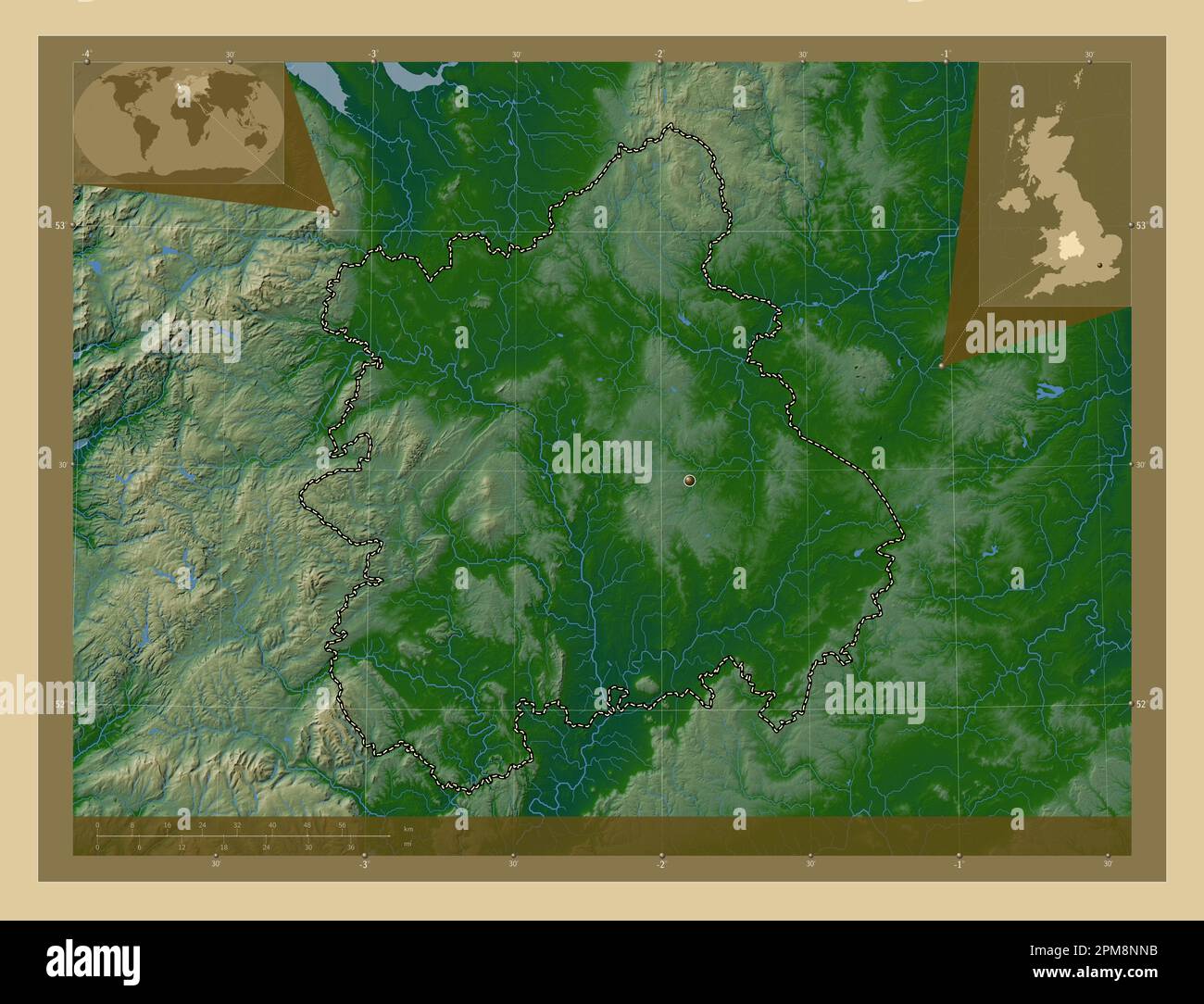 West Midlands, region of United Kingdom. Colored elevation map with ...
