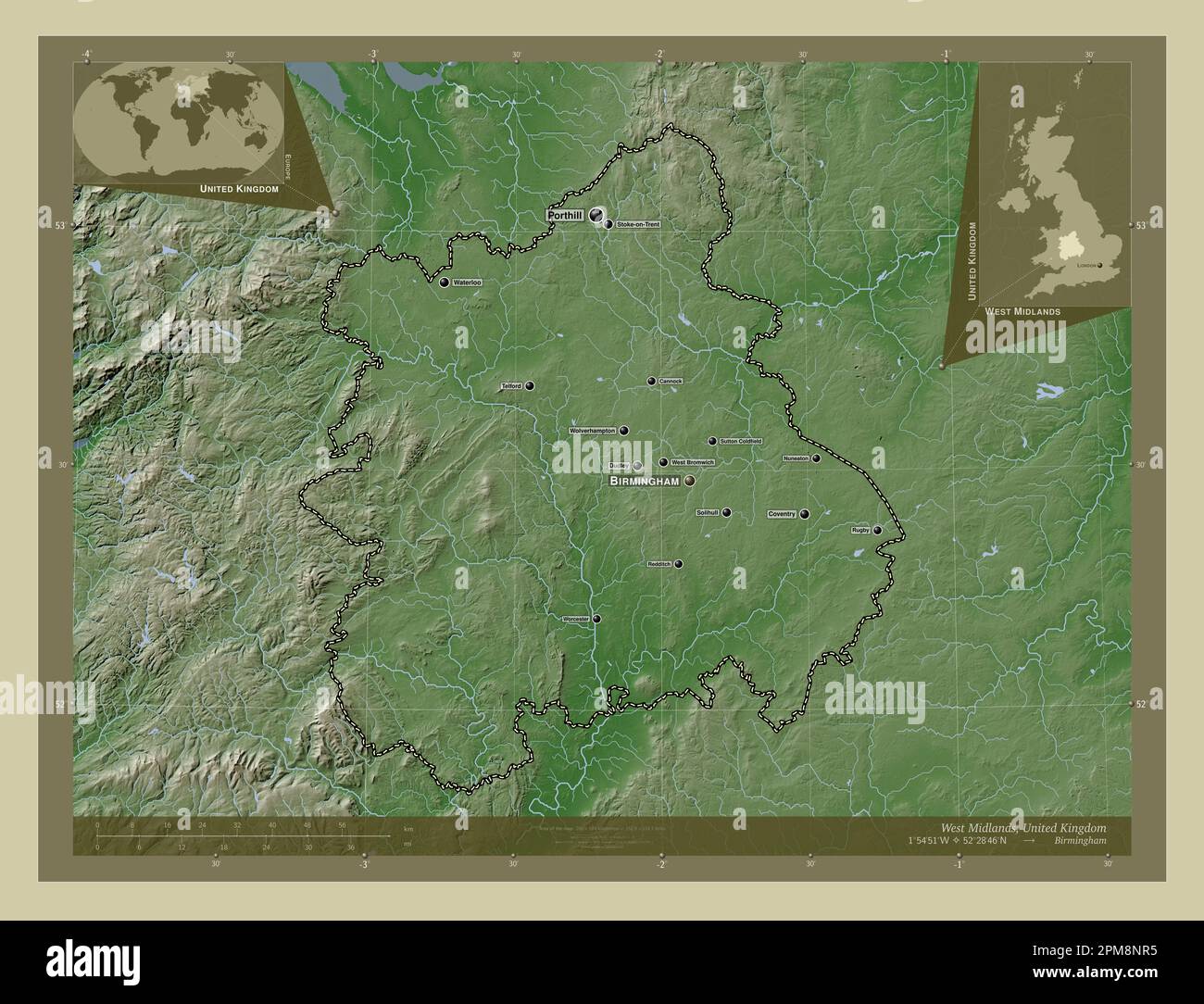 West Midlands, region of United Kingdom. Elevation map colored in wiki ...
