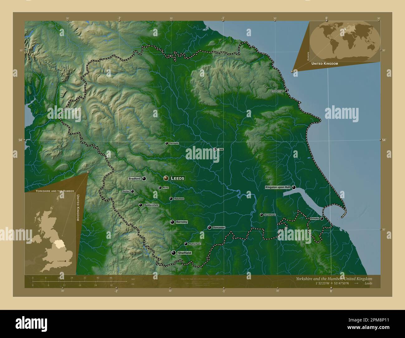 Yorkshire and the Humber, region of United Kingdom. Colored elevation ...