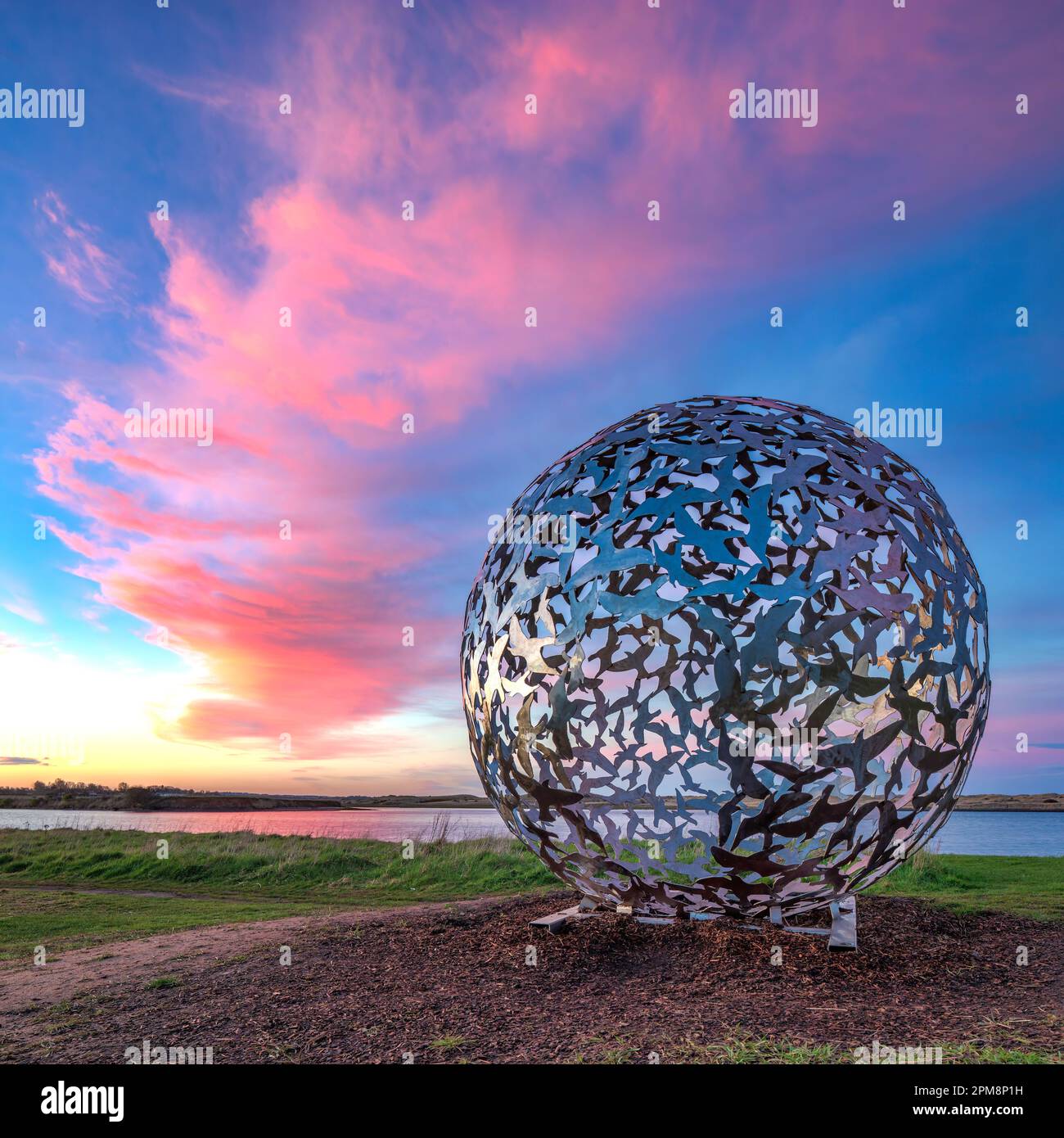 Sunset at 'Flock Sphere' on the Art trail bord waalk in Amble ...