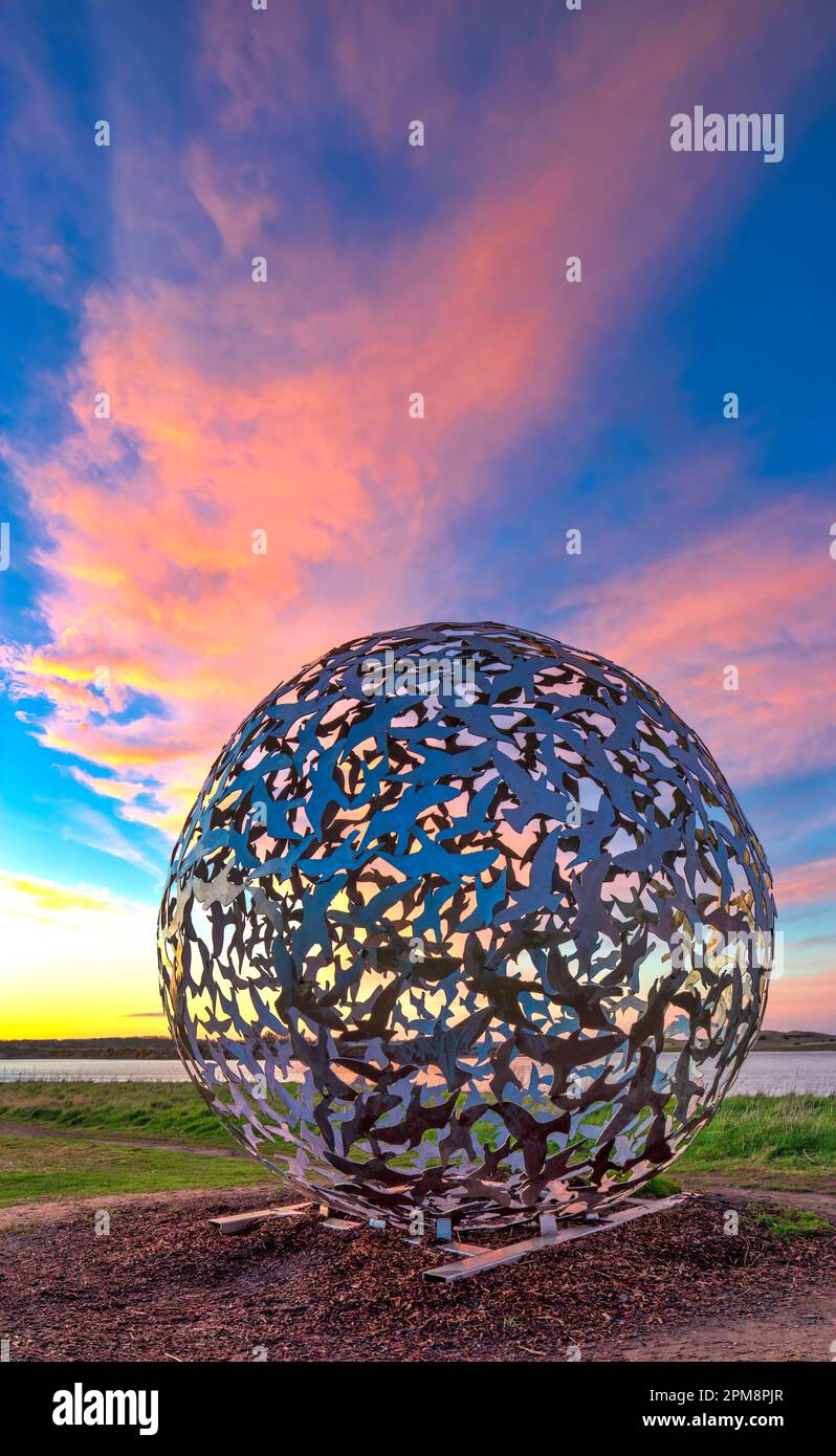Sunset at 'Flock Sphere' on the Art trail bord waalk in Amble ...