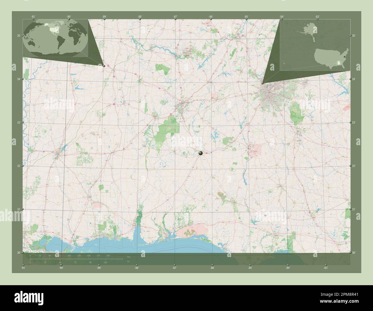 Alabama, state of United States of America. Open Street Map. Corner ...