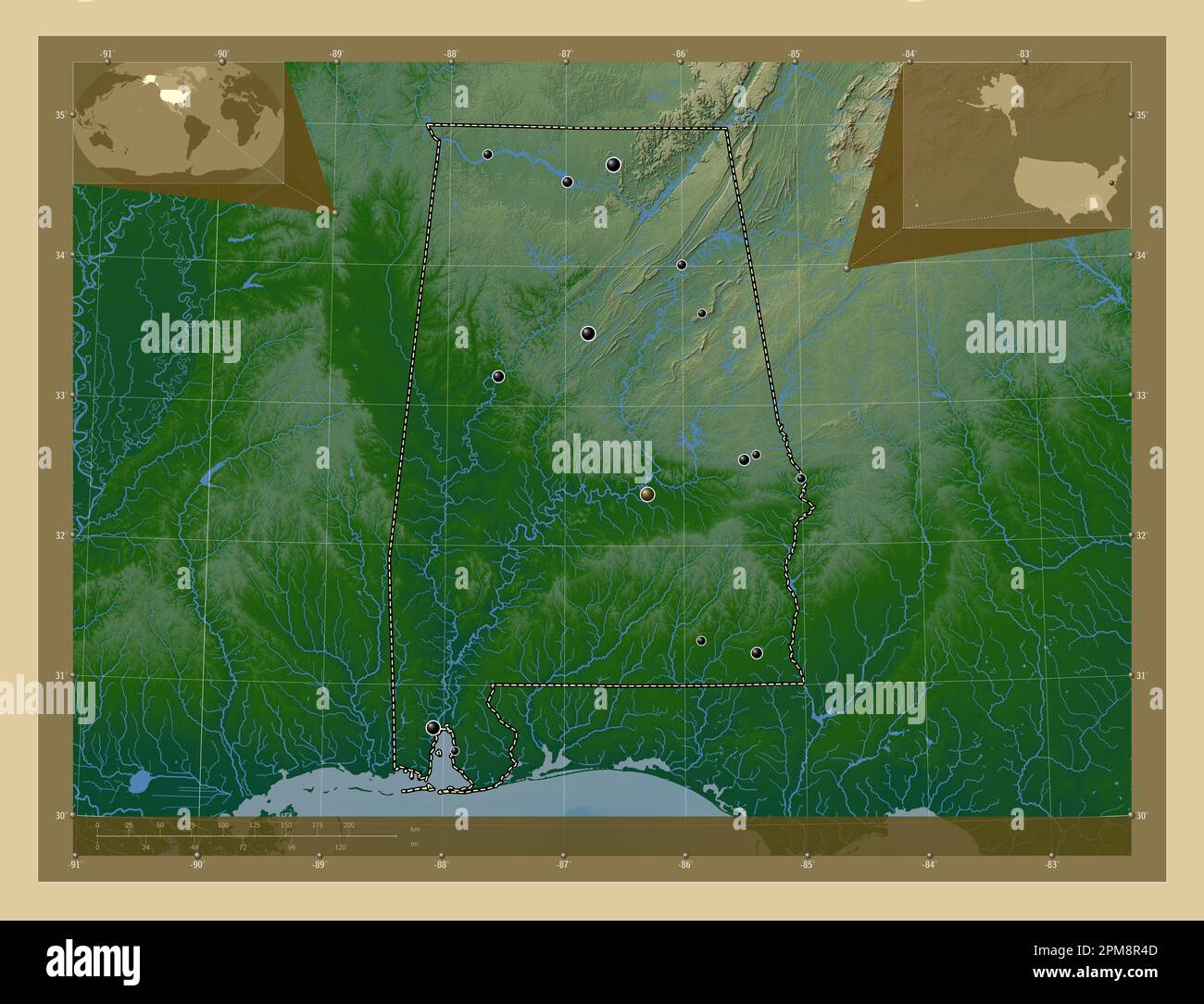 Alabama, state of United States of America. Colored elevation map with ...