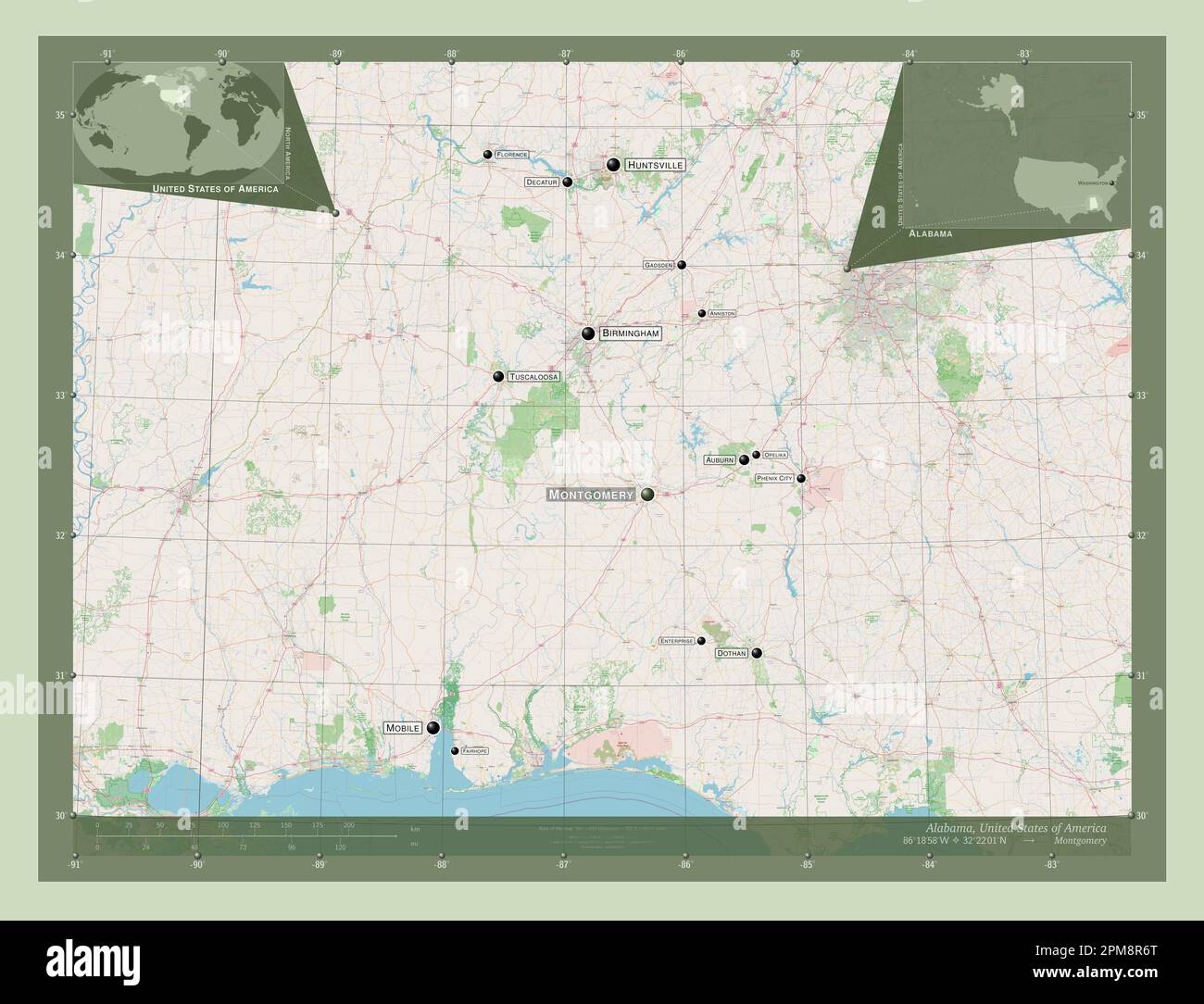 Alabama, state of United States of America. Open Street Map. Locations ...