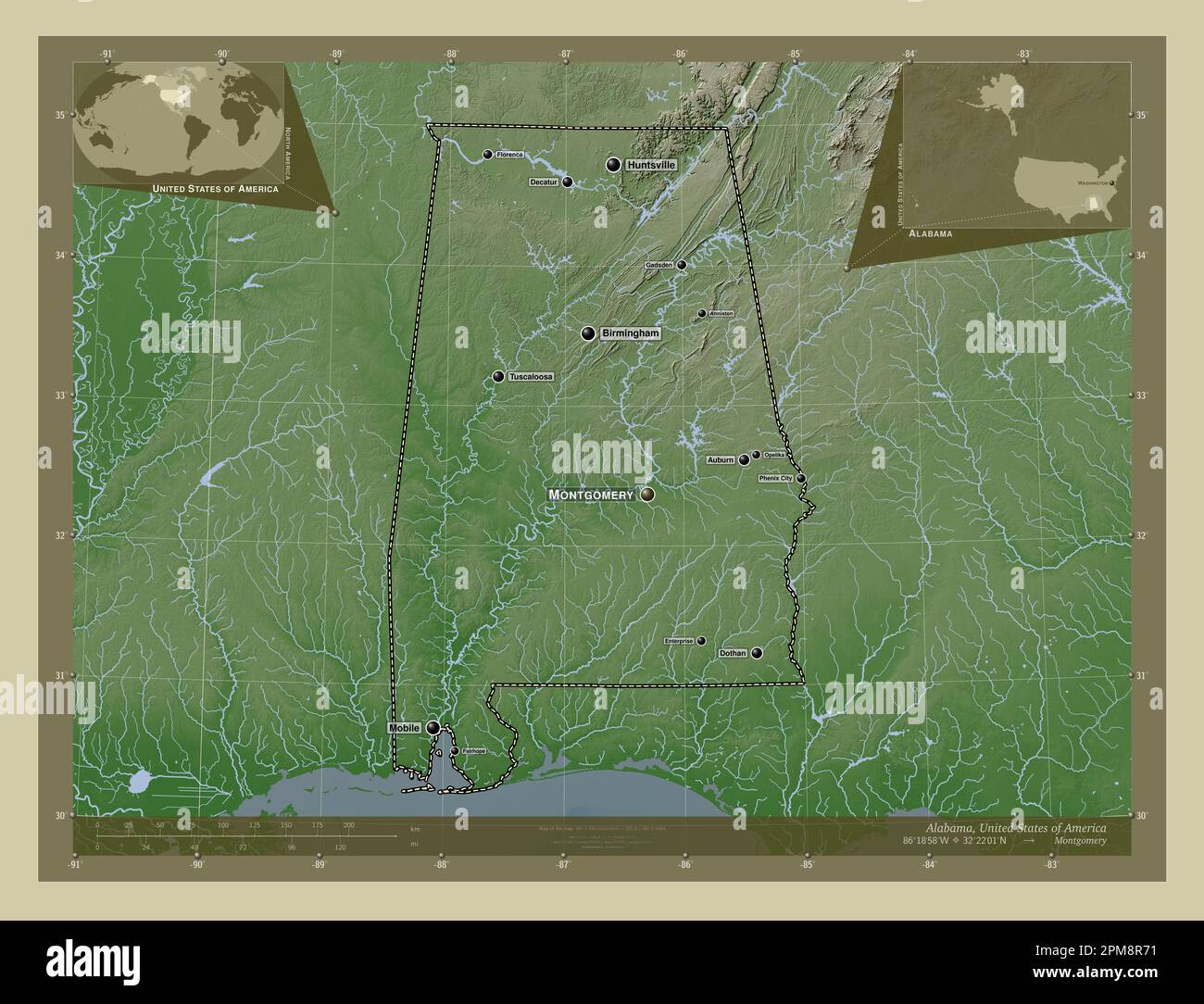Alabama, state of United States of America. Elevation map colored in ...