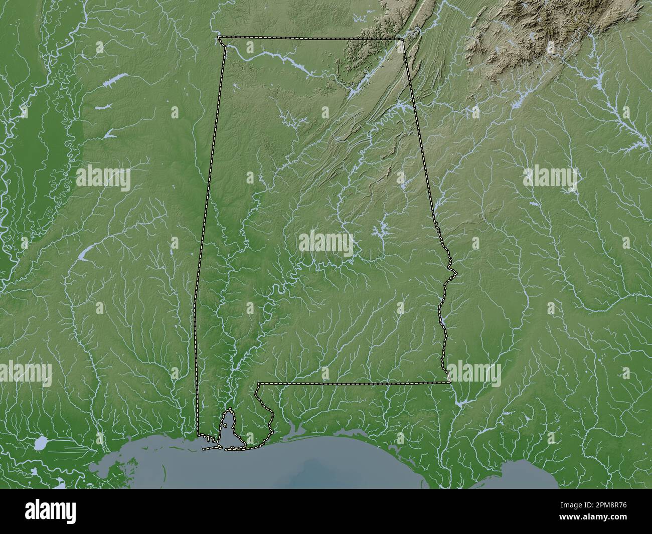 Alabama, state of United States of America. Elevation map colored in ...