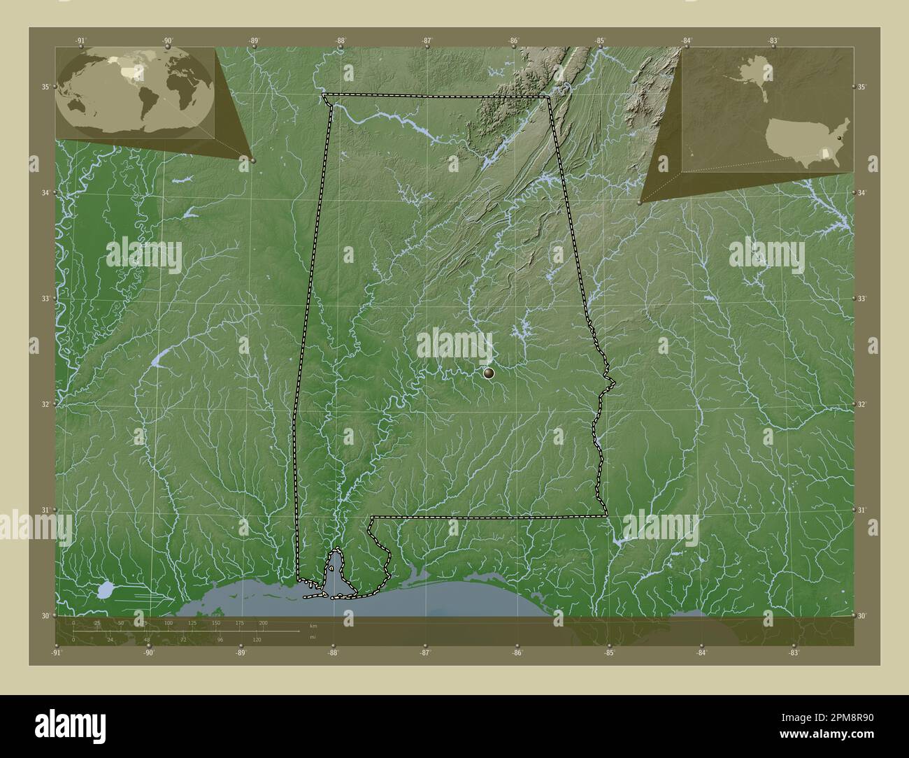 Alabama, state of United States of America. Elevation map colored in ...