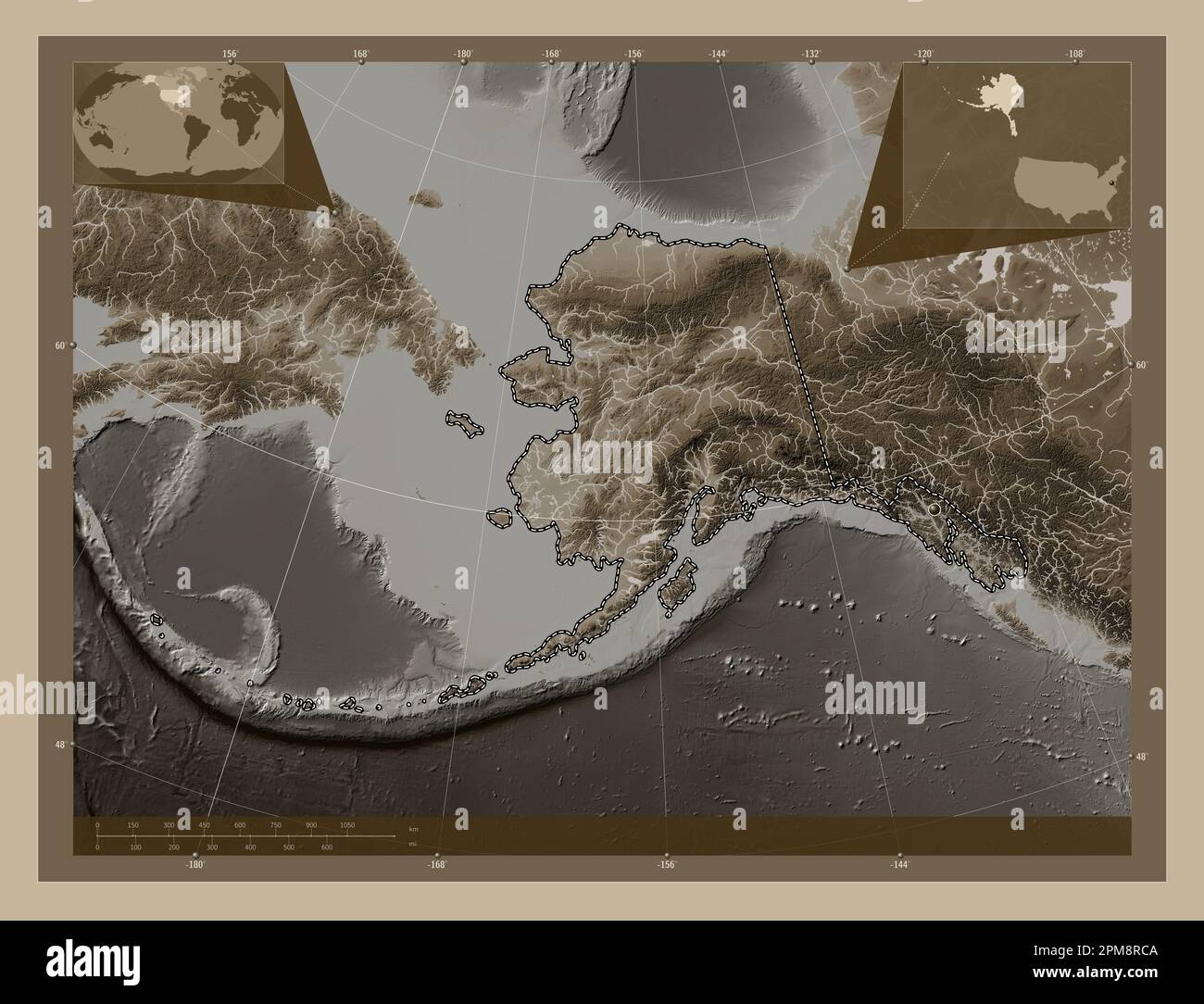Alaska, state of United States of America. Elevation map colored in ...