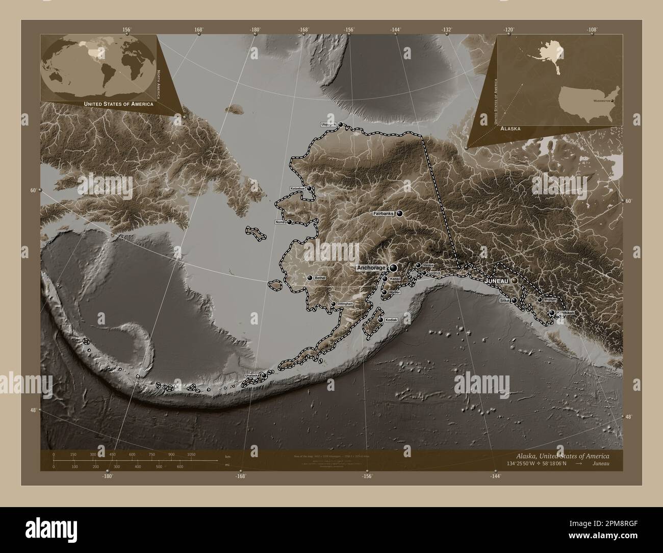 Alaska, state of United States of America. Elevation map colored in ...