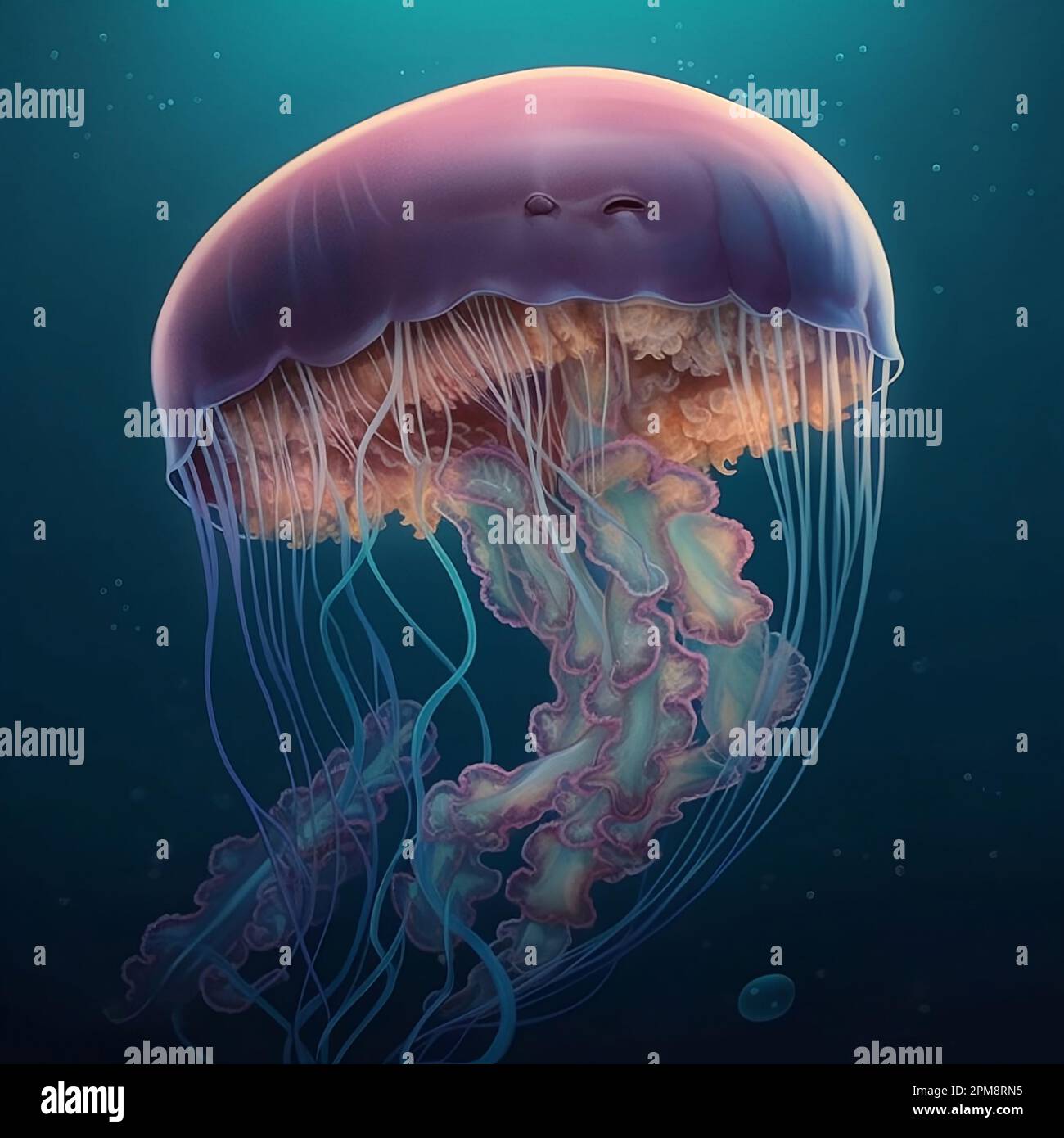 Glowing jellyfish swim deep in blue sea. White Jellyfish dancing in the ...
