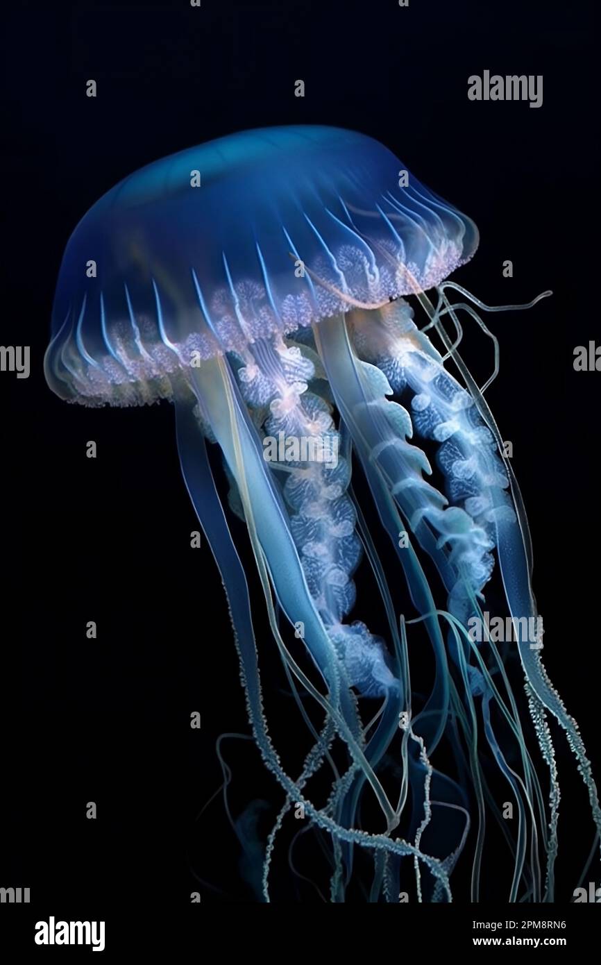 Glowing jellyfish swim deep in blue sea. White Jellyfish dancing in the ...