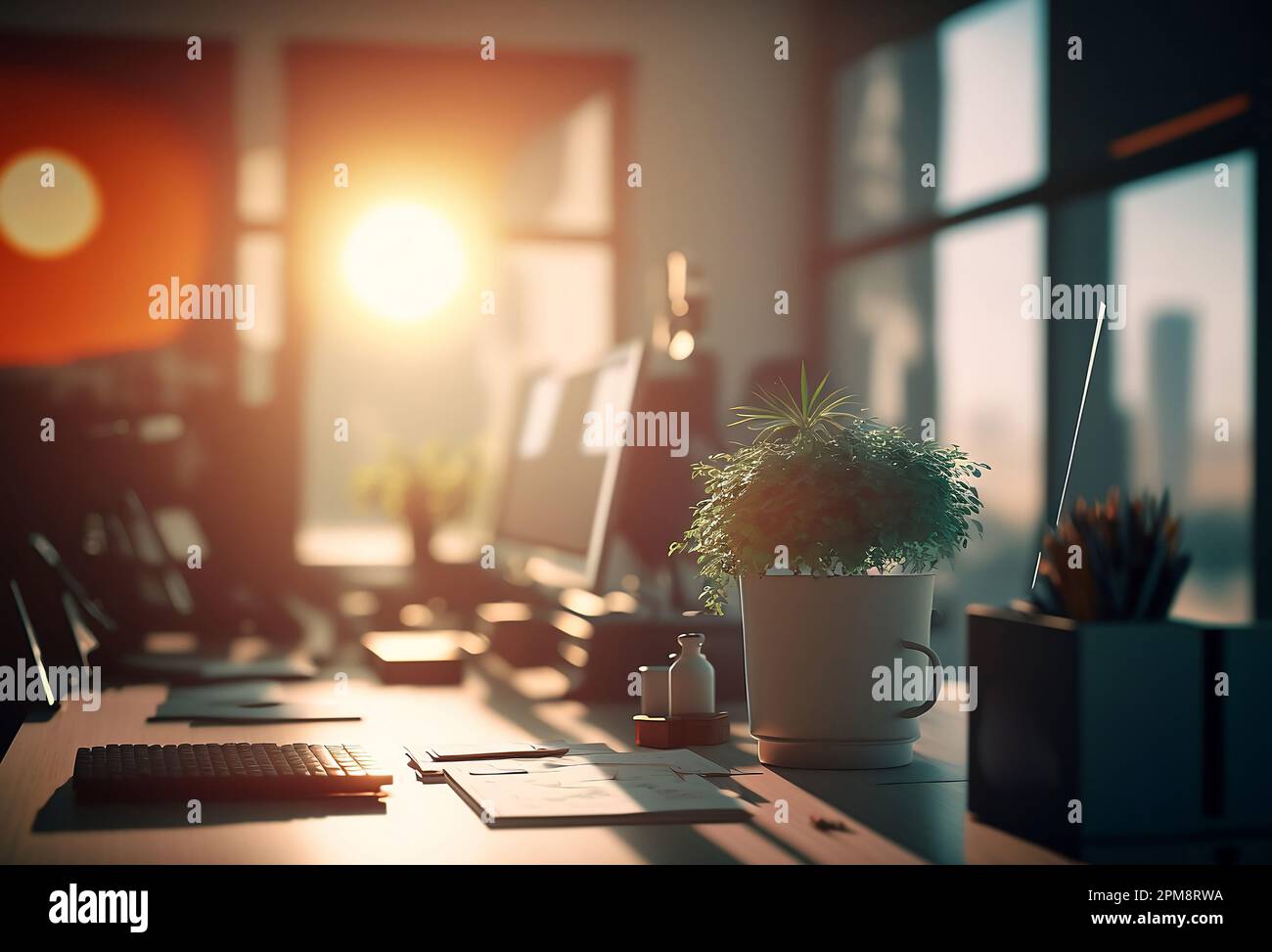 Sun Streaming In Office Through Windows During Sunset. empty office ...