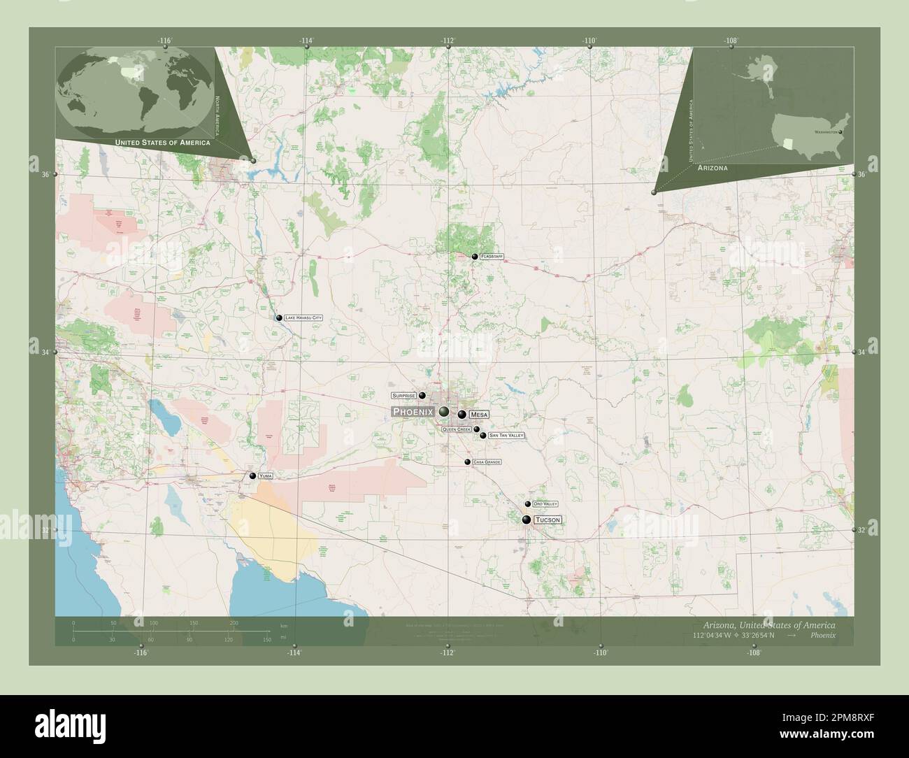 Arizona, state of United States of America. Open Street Map. Locations ...