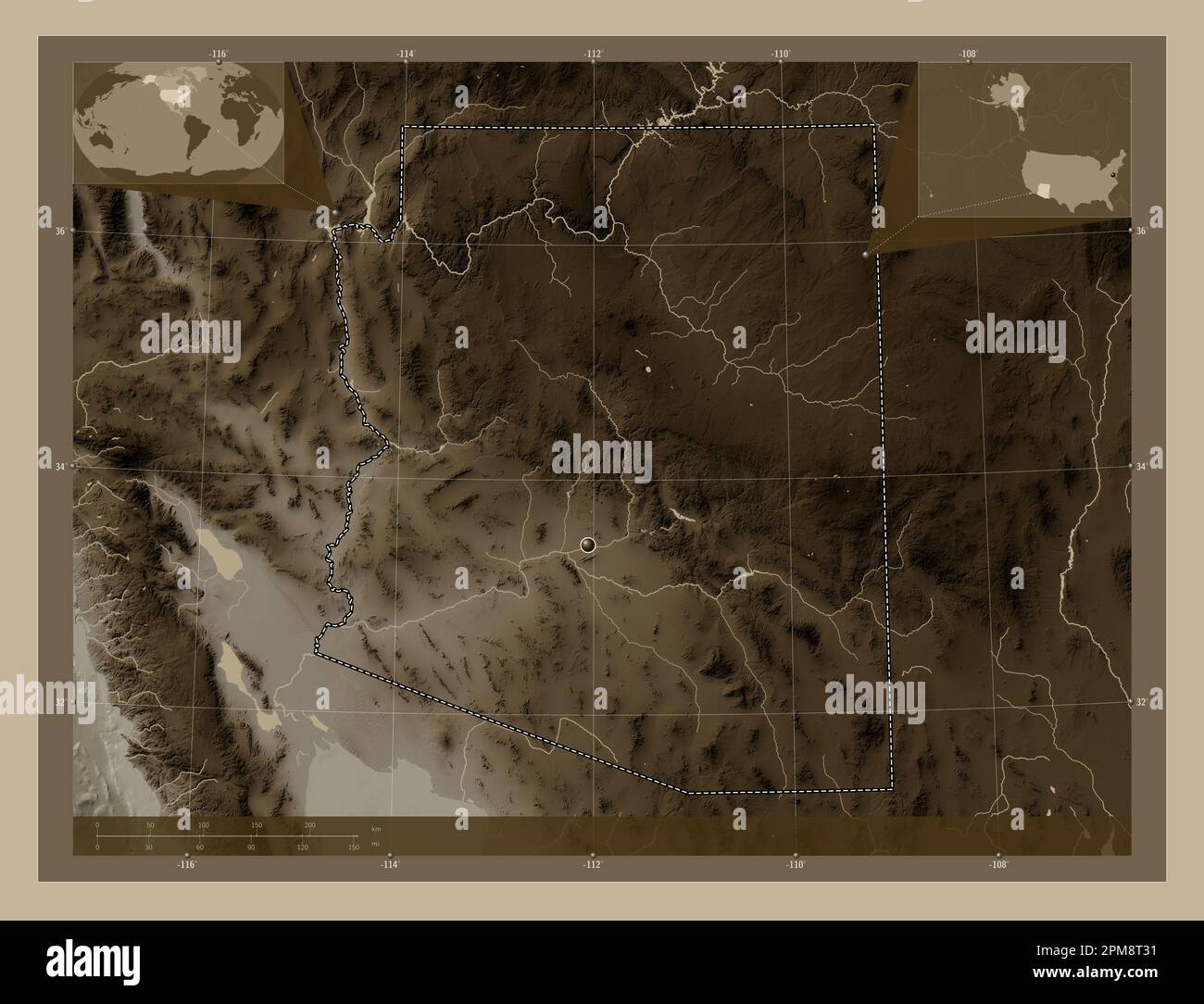 Arizona, state of United States of America. Elevation map colored in ...