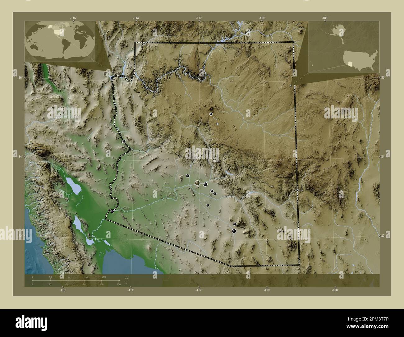 Arizona, state of United States of America. Elevation map colored in ...