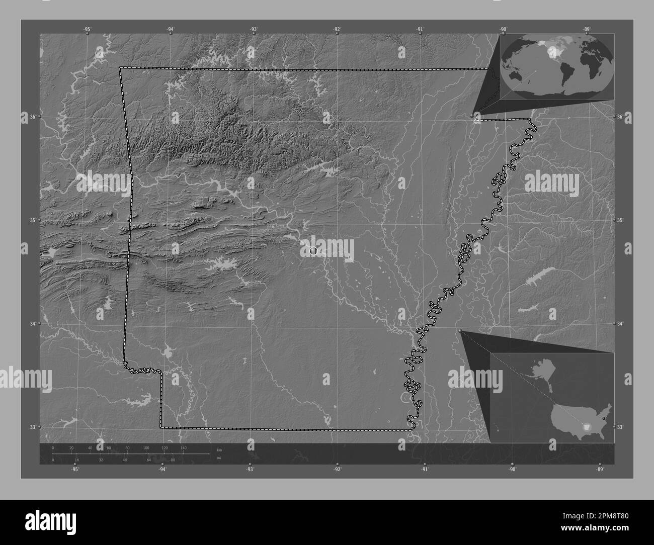 Arkansas, state of United States of America. Bilevel elevation map with ...