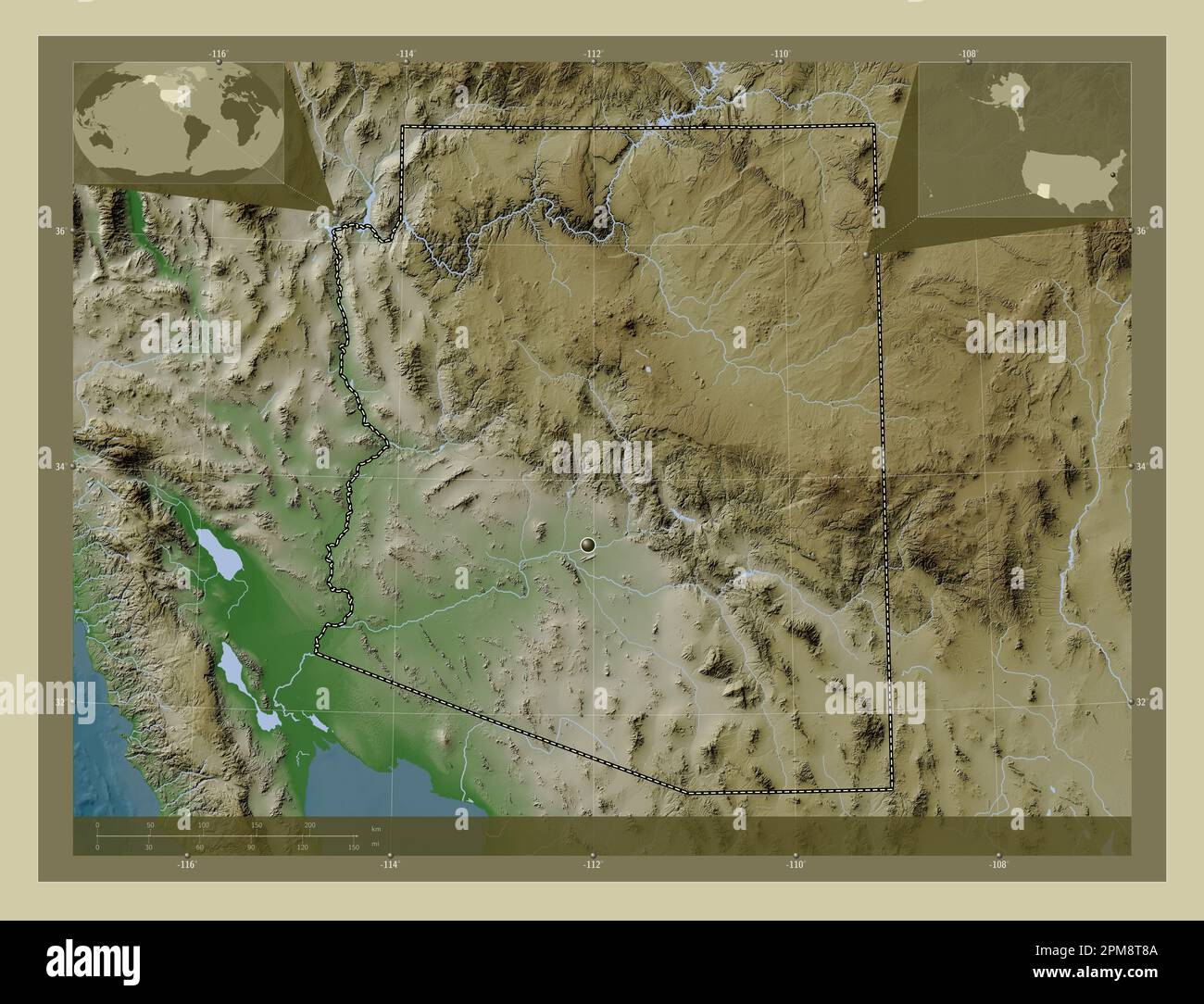Arizona, state of United States of America. Elevation map colored in ...