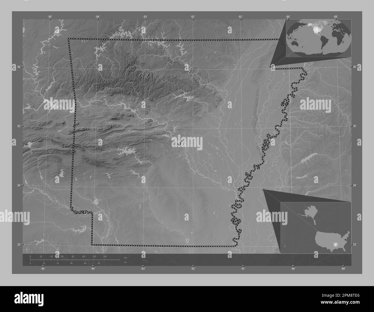 Arkansas, state of United States of America. Grayscale elevation map ...