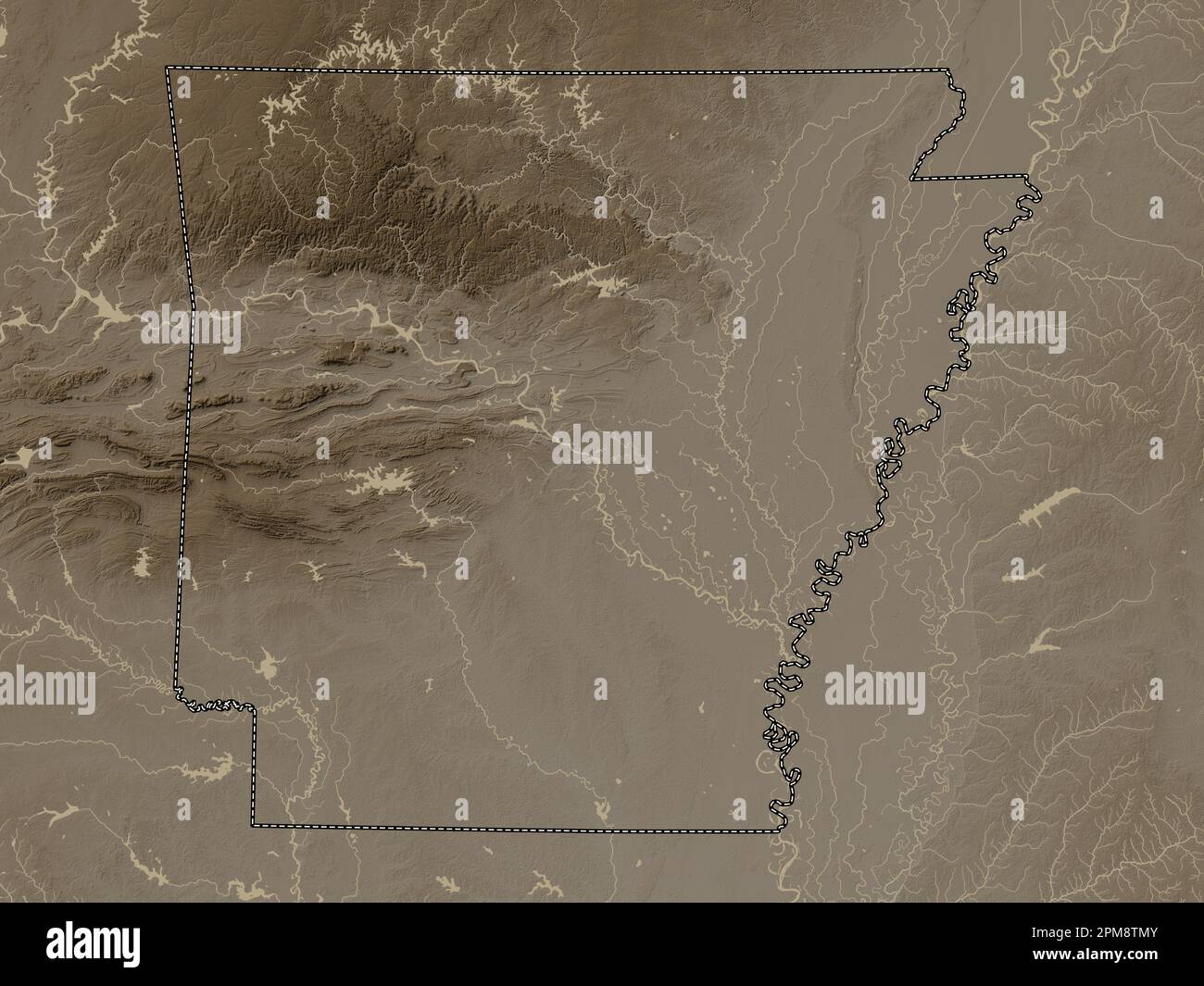 Arkansas, state of United States of America. Elevation map colored in ...