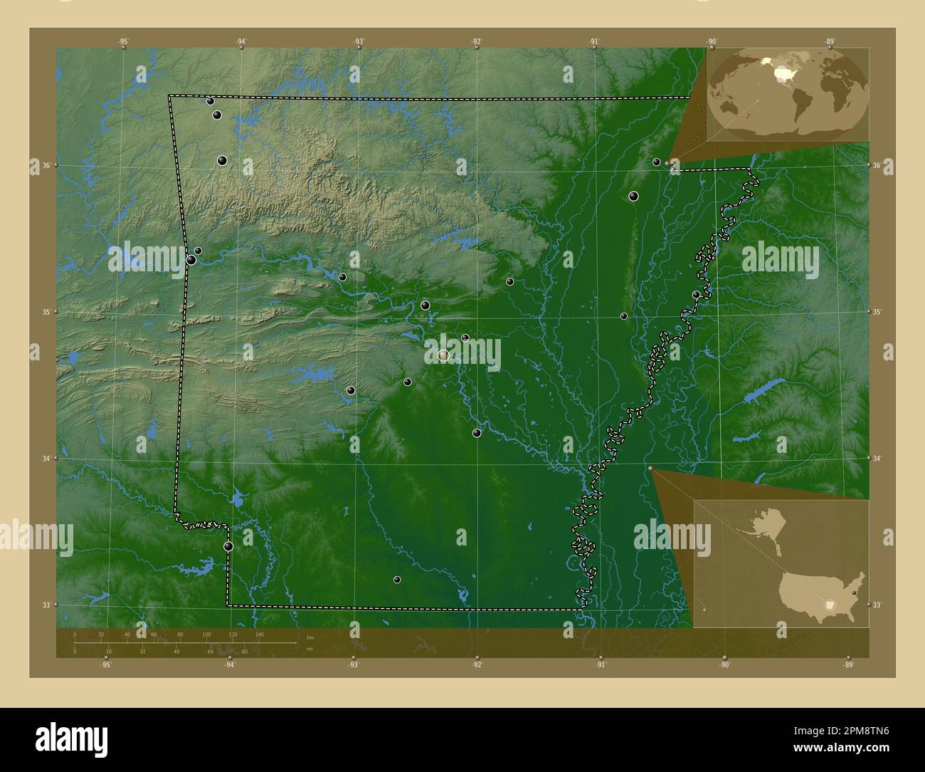 Arkansas, state of United States of America. Colored elevation map with ...
