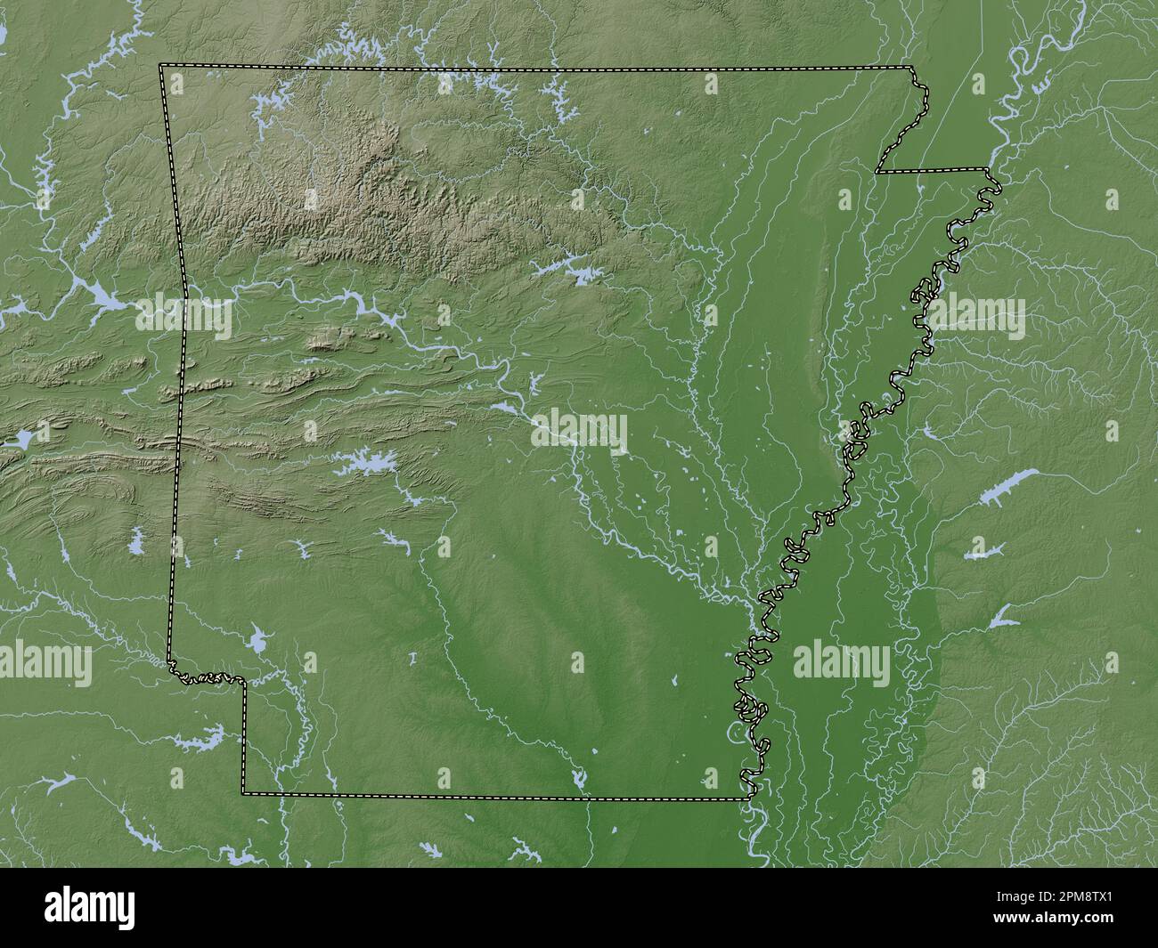 Arkansas State Of United States Of America Elevation Map Colored In Wiki Style With Lakes And